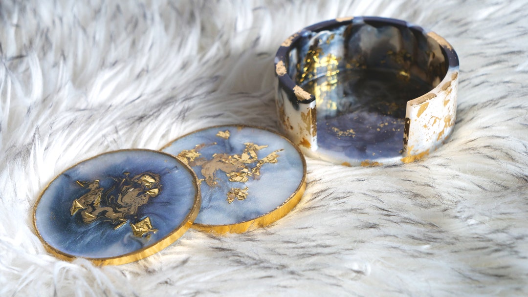Resin Coaster | Stand | Set of 4 Round Coasters | Gray Marble Style ...