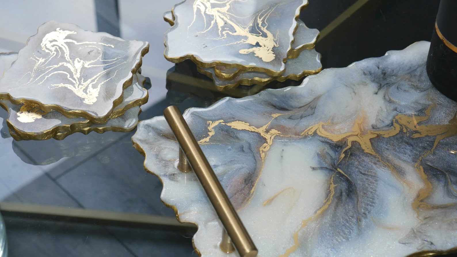 Resin Tray, Tray With Handles, Grey Marble Resin Tray, Marble and Gold ...