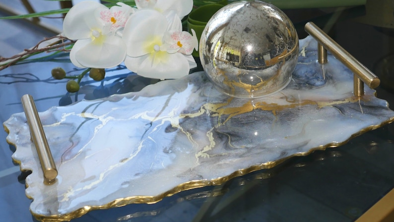Resin Tray, Tray With Handles, Grey Marble Resin Tray, Marble and Gold ...