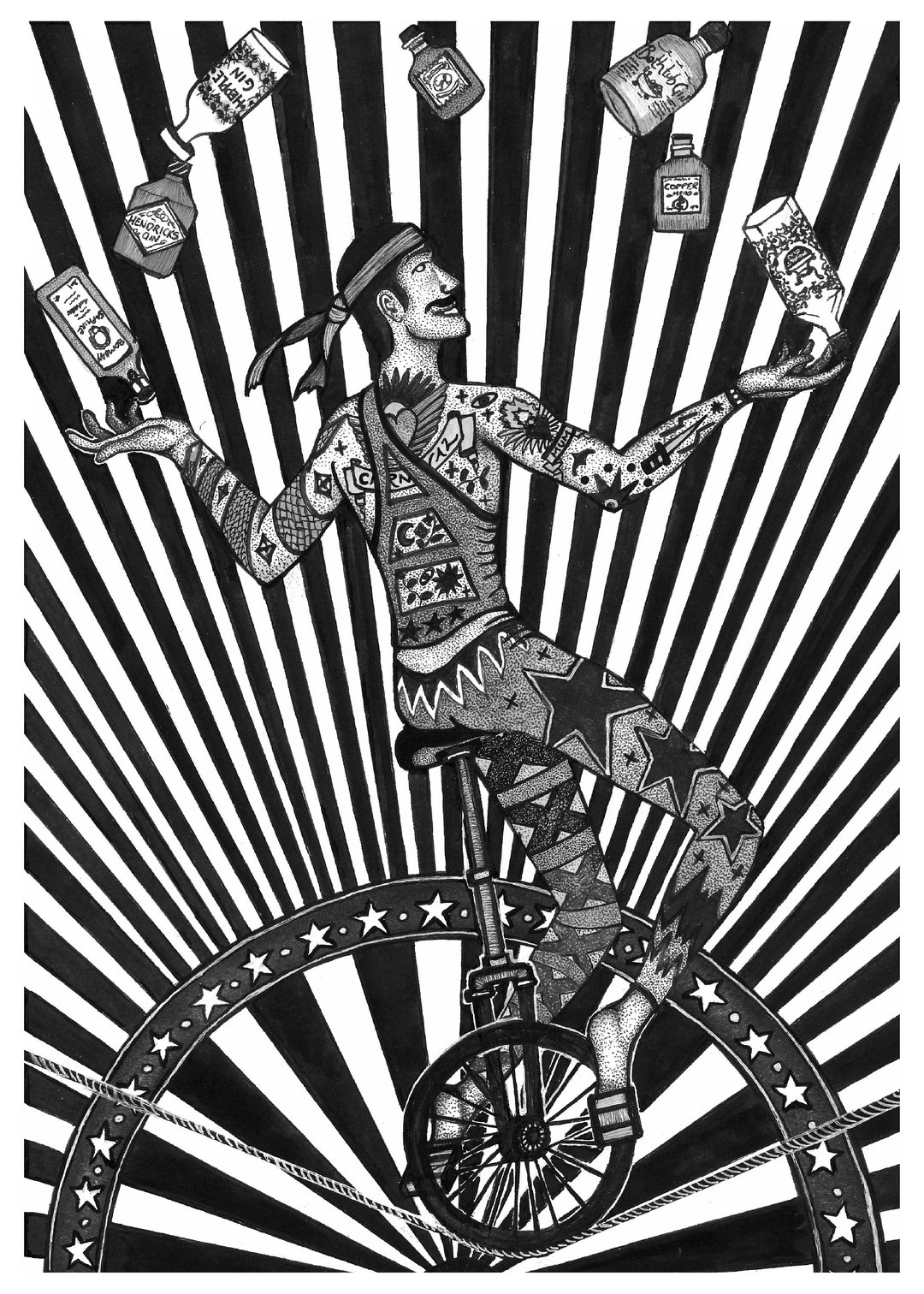 Circus Gin Juggler Giclee Print, Unicycle Tightrope Art - Etsy
