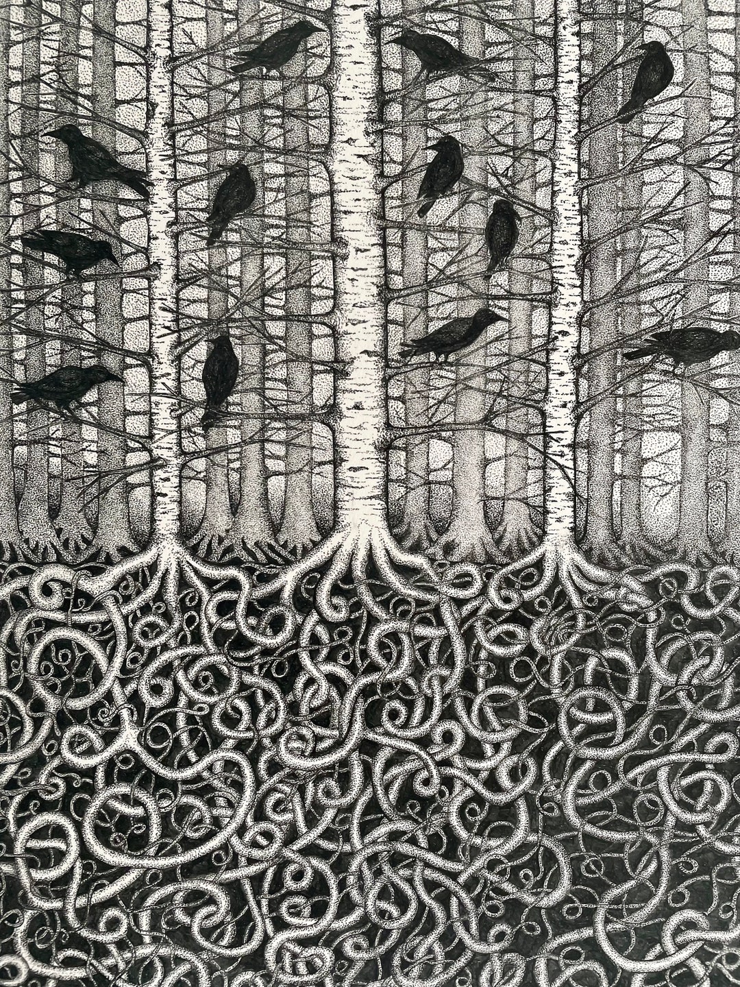 Forest Roots and Crows Giclee Print, Pointillism Ink Drawing - Etsy