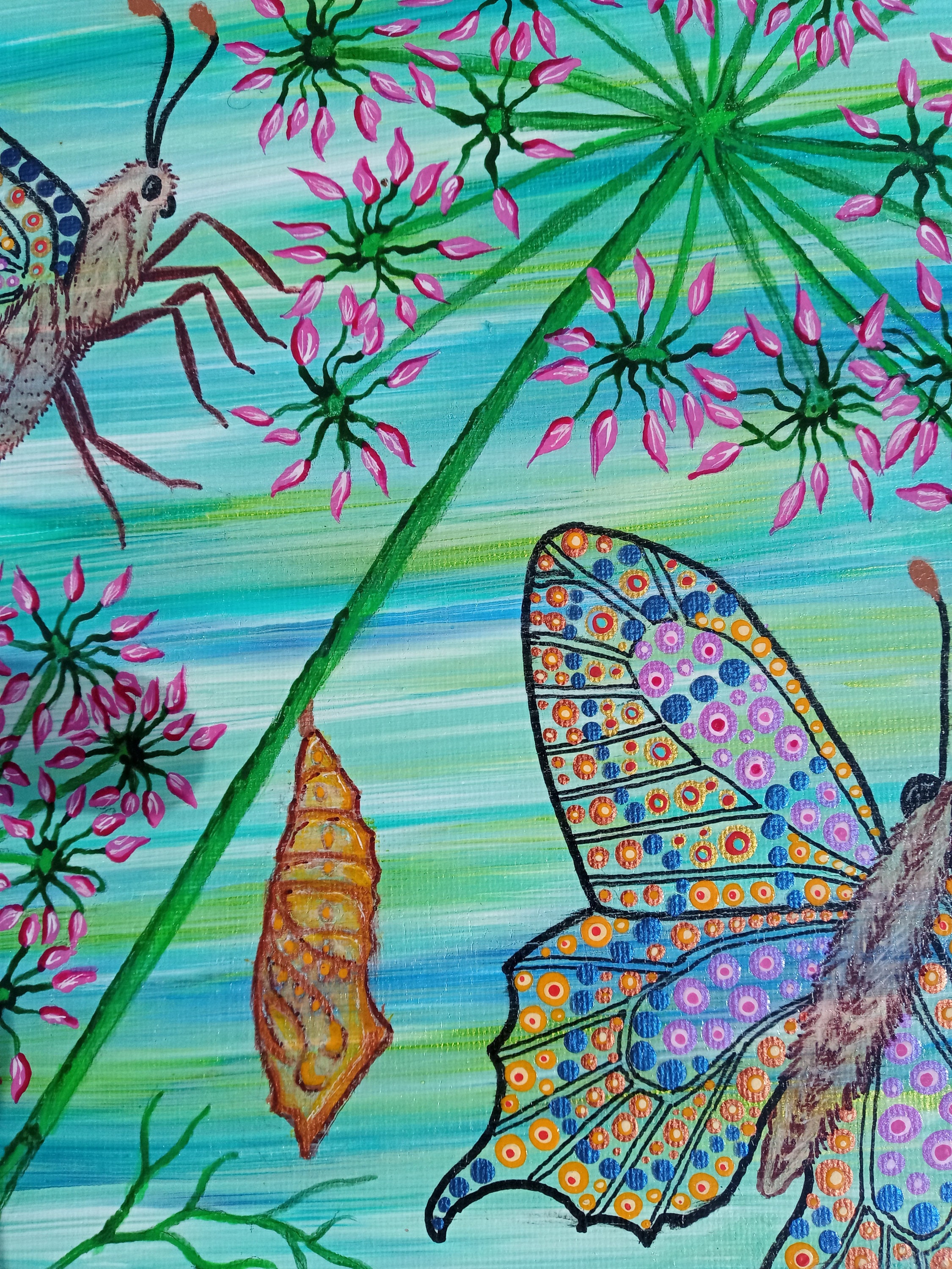 Butterfly Life Cycle original Dot Art Acrylic Painting. Blue Background ...