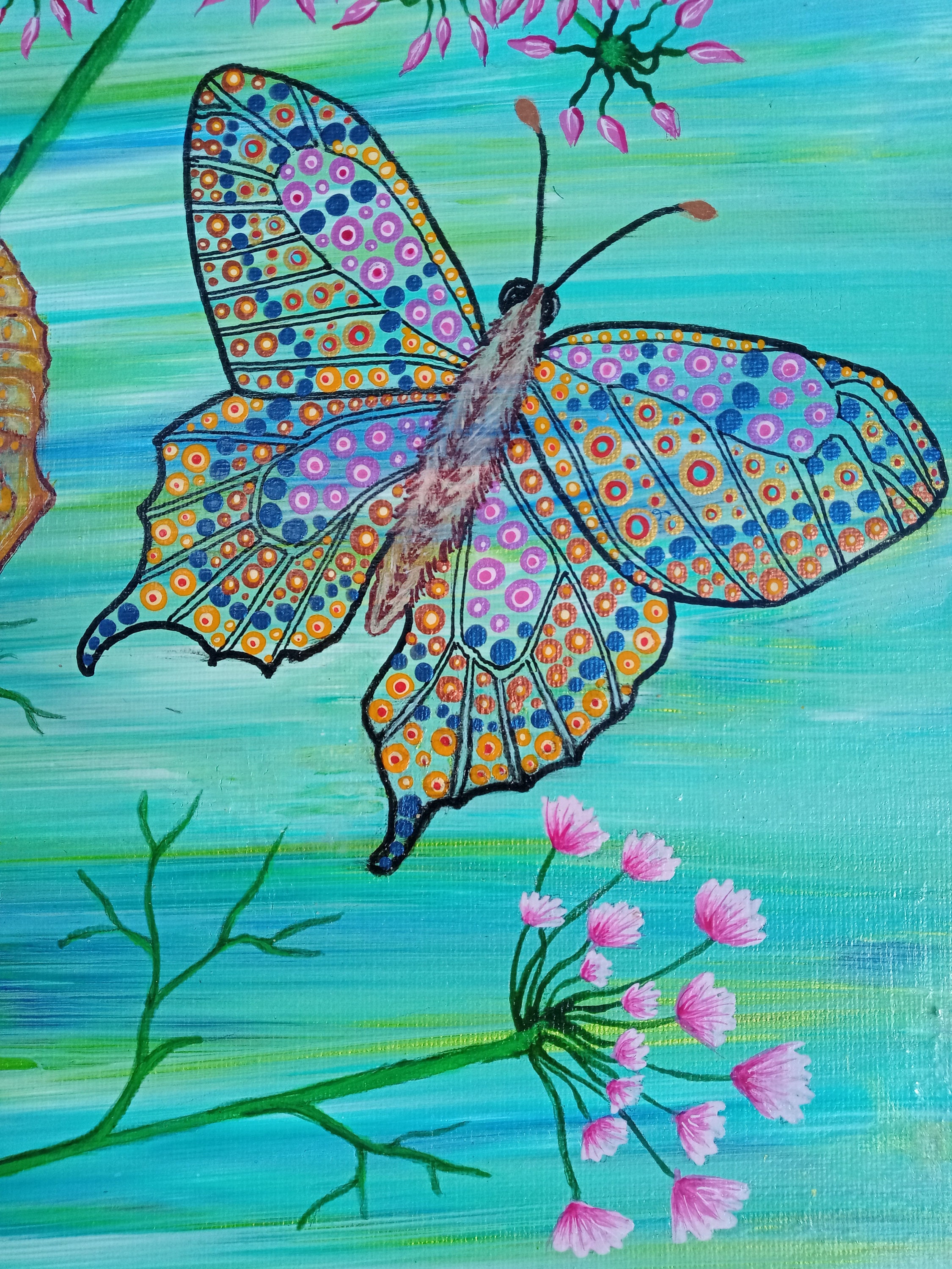 Butterfly Life Cycle original Dot Art Acrylic Painting. Blue Background ...
