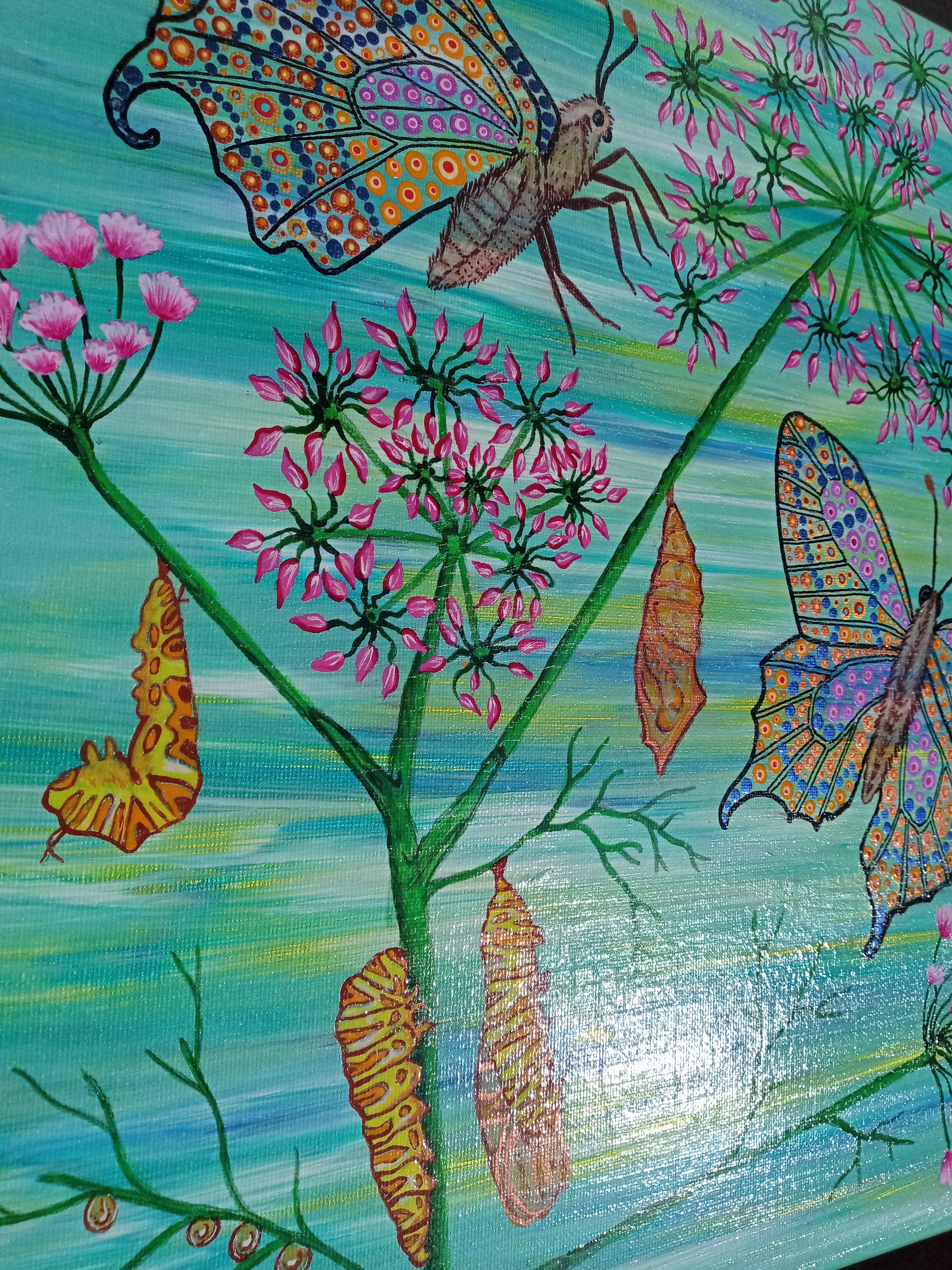 Butterfly Life Cycle original Dot Art Acrylic Painting. Blue Background ...