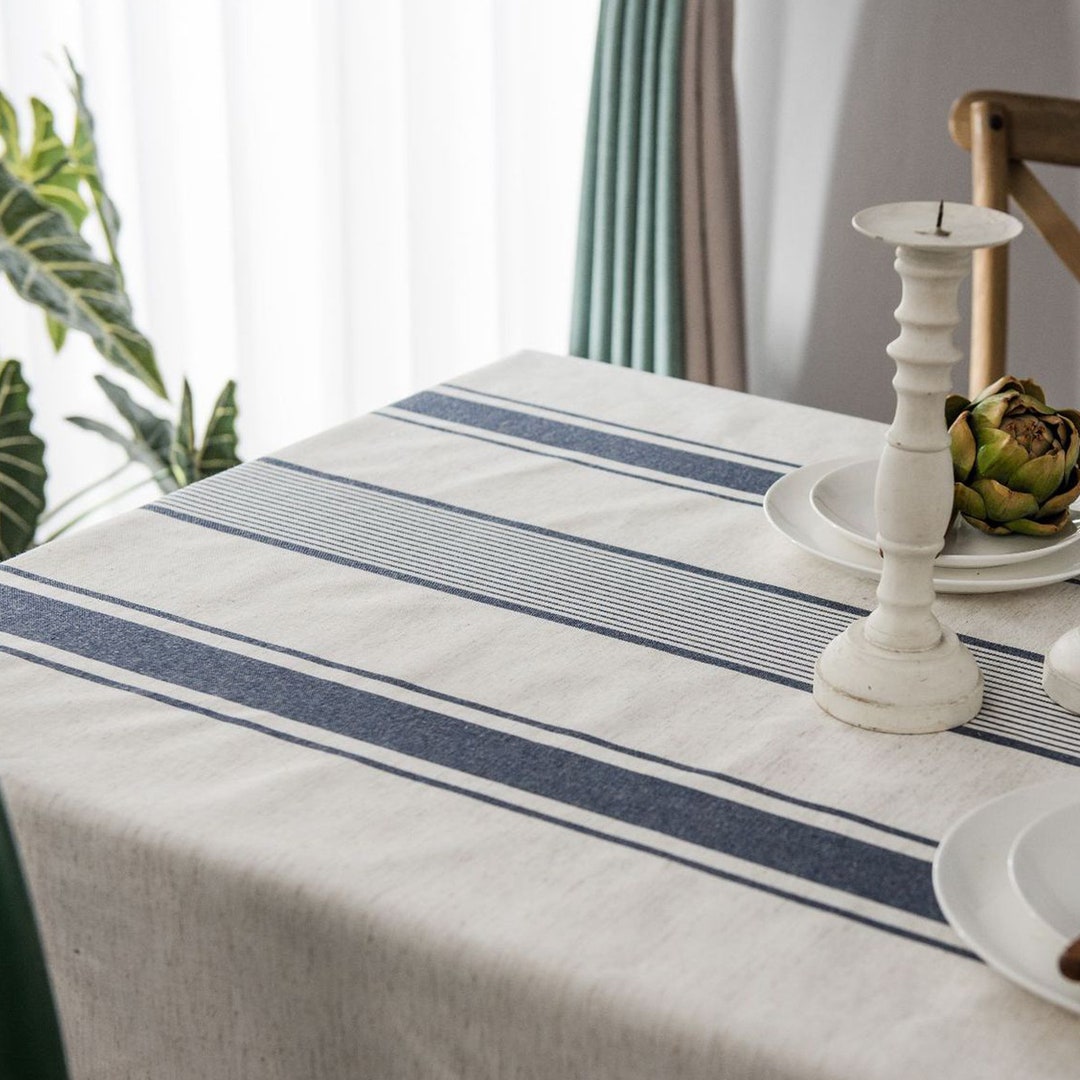 Cotton and Linen Tablecloth/green Square Stripe/custom Tablecloth/blue ...