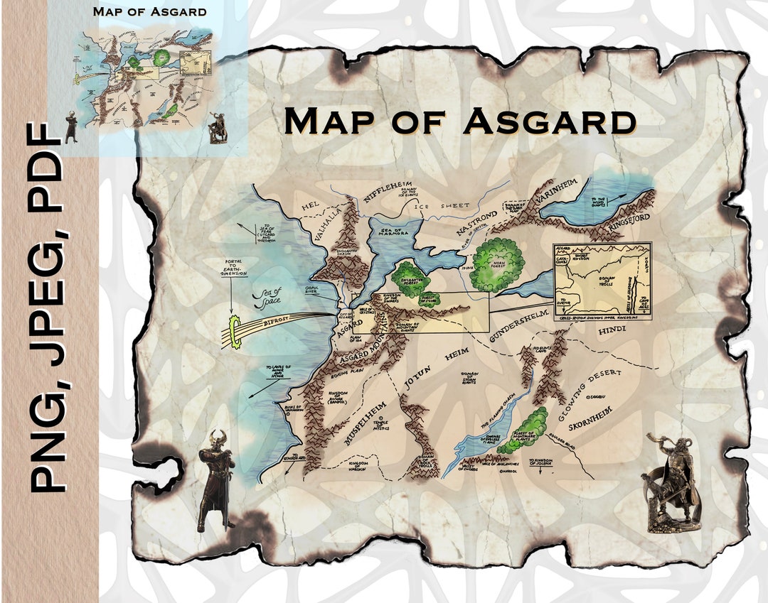 Impresión artística del mapa de Asgard: Mapa a color dibujado a mano ...