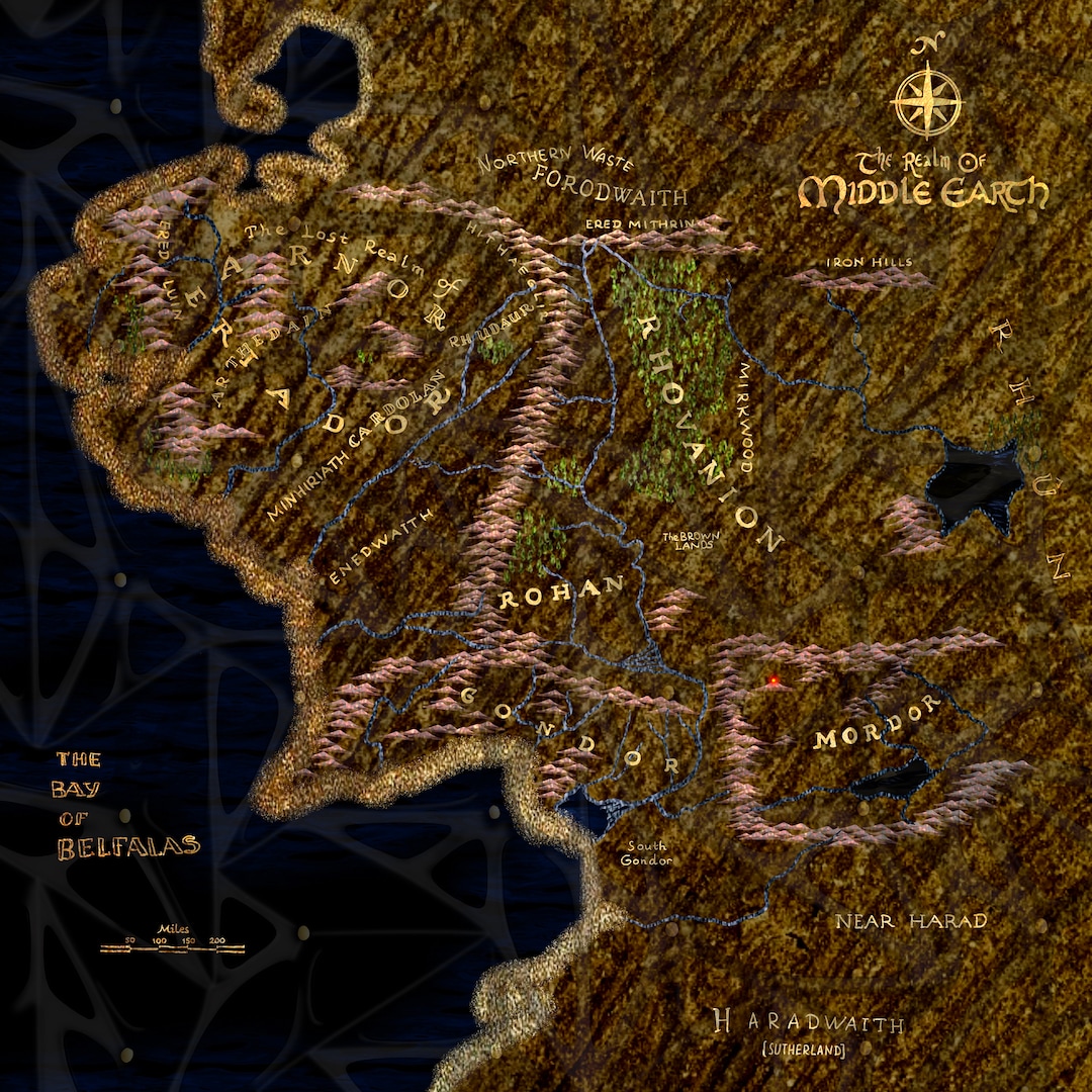 Hand-drawn Middle Earth Map: Gold Fantasy Art (digital Print) - Etsy