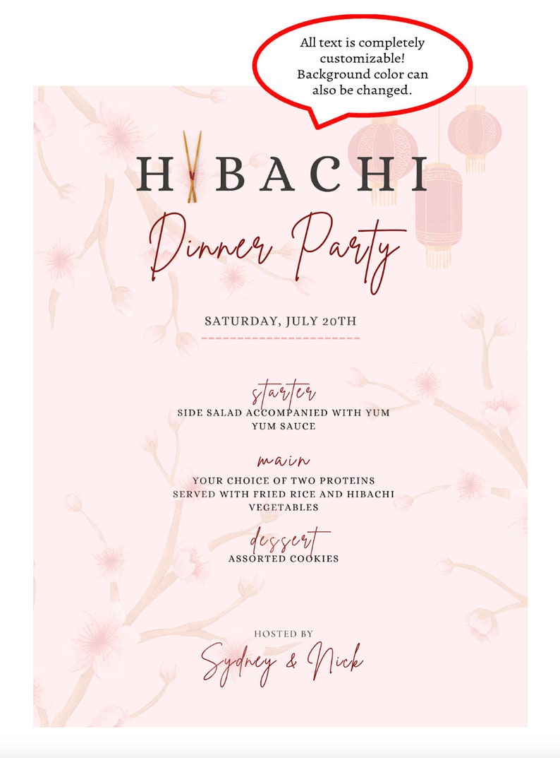 Hibachi Dinner Party Menu Template - Etsy