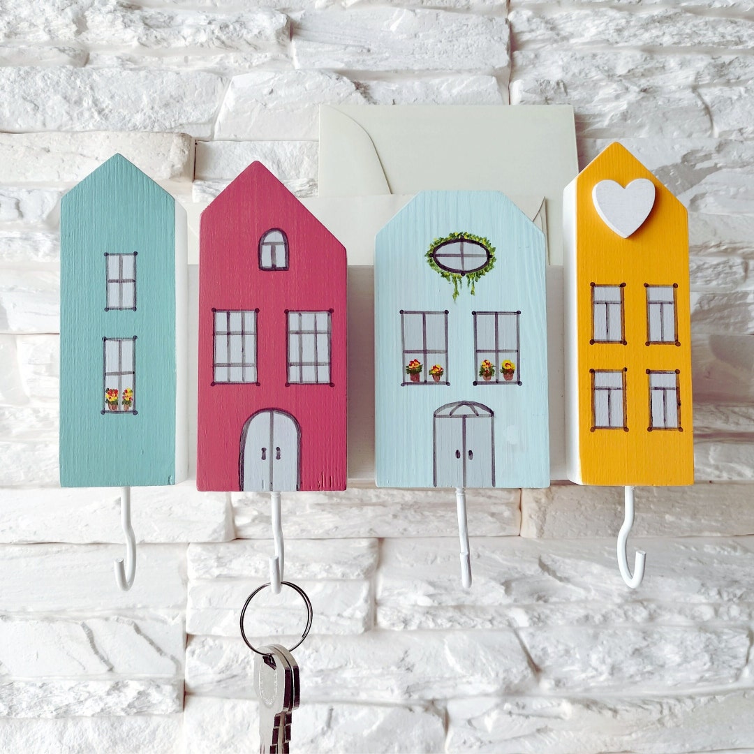 Key and Post Holder for Wall, Cute Color Houses Key Hanger, Cottage ...