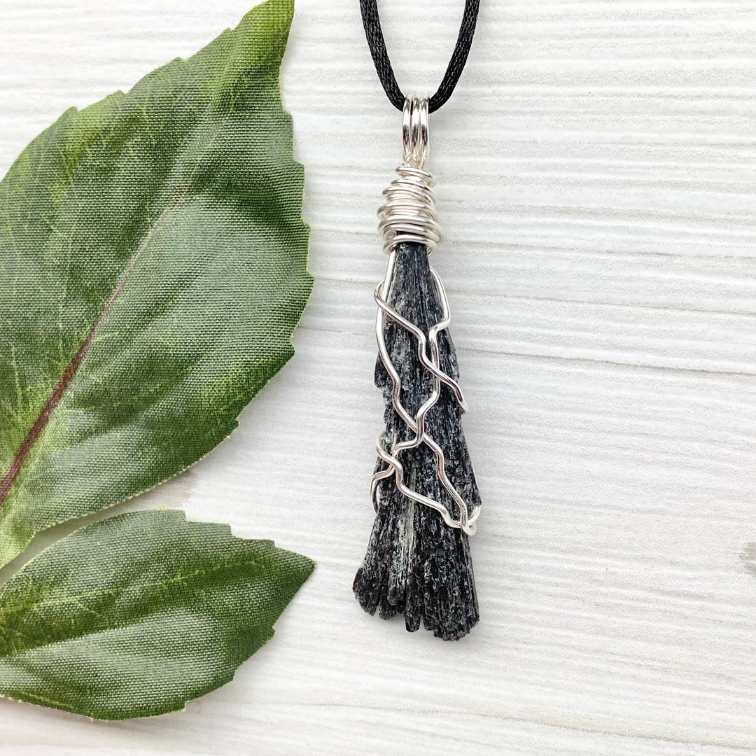 Black Kyanite Necklace, Silver Copper Wrapped Crystal, Kyanite Pendant, Real Natural Stone, Root ...