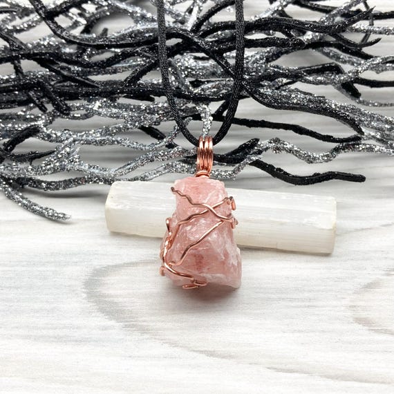 Pink Calcite Necklace Raw Natural Pink Crystal Copper Wire Wrapped Stone Calcite Pendant Heart Chakra Jewelry