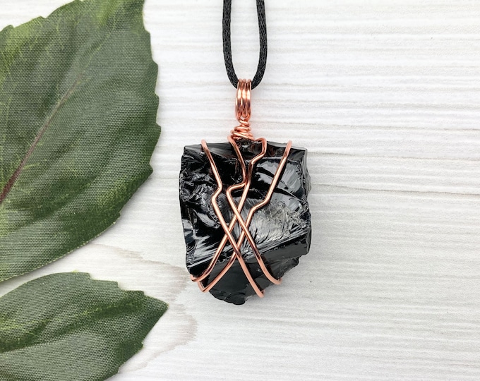 Black Obsidian Necklace Raw Natural Crystal Copper Wire - Etsy