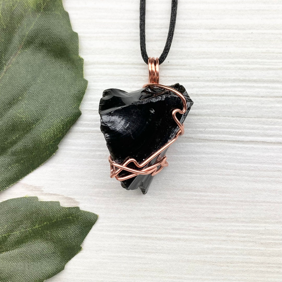 Black Obsidian Necklace Raw Natural Crystal Copper Wire - Etsy
