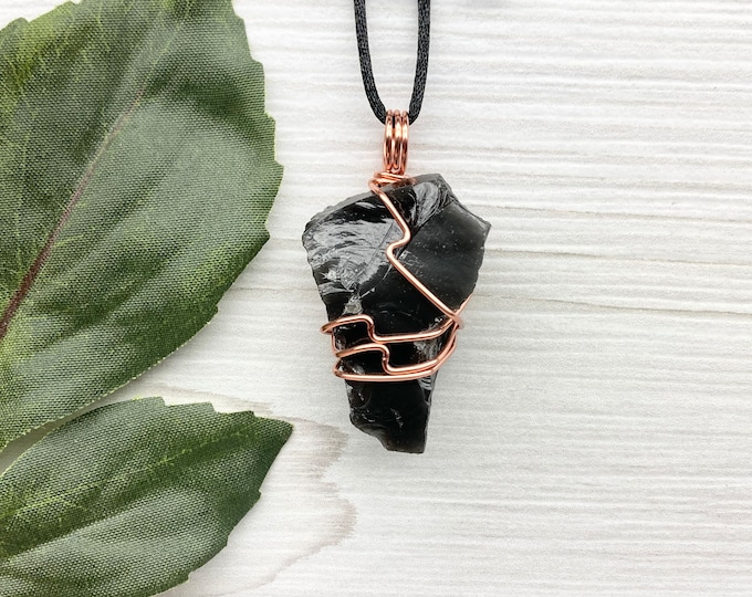 Black Obsidian Necklace Raw Natural Crystal Copper Wire - Etsy