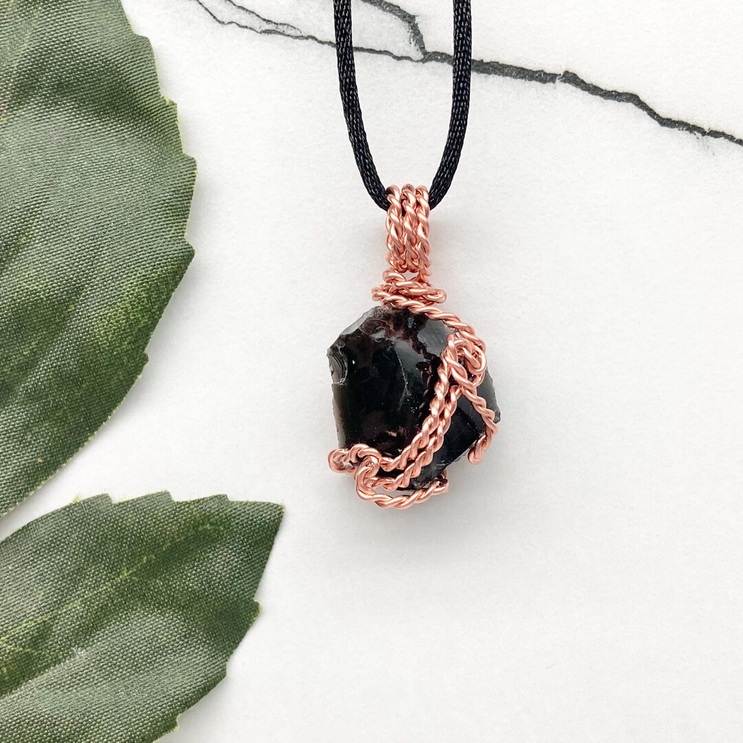 Black Obsidian Necklace, Raw Natural Crystal, Copper Wire Wrapped ...