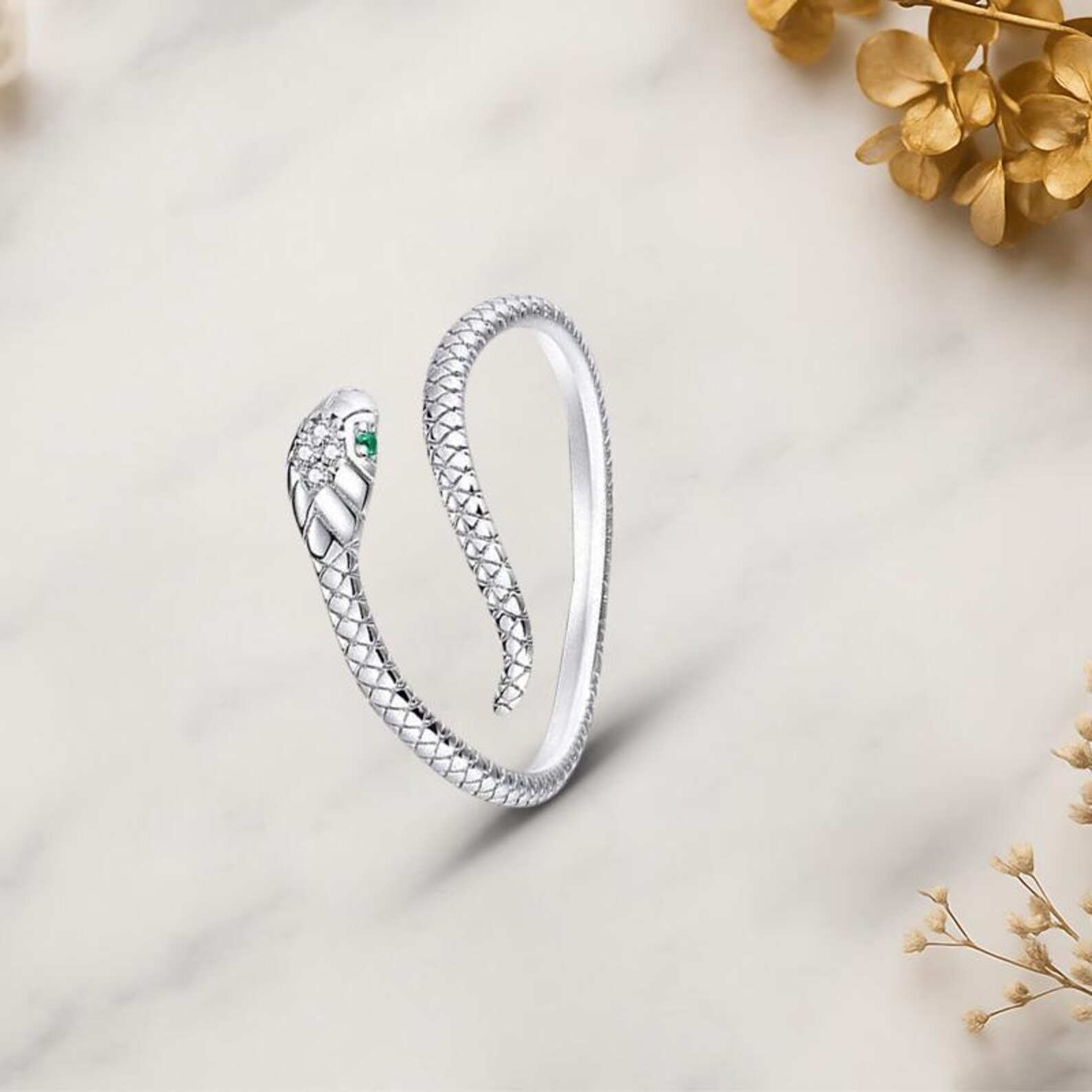 Green Zircon Retro Textures Snake Ring Genuine 925 Sterling Silver - Etsy