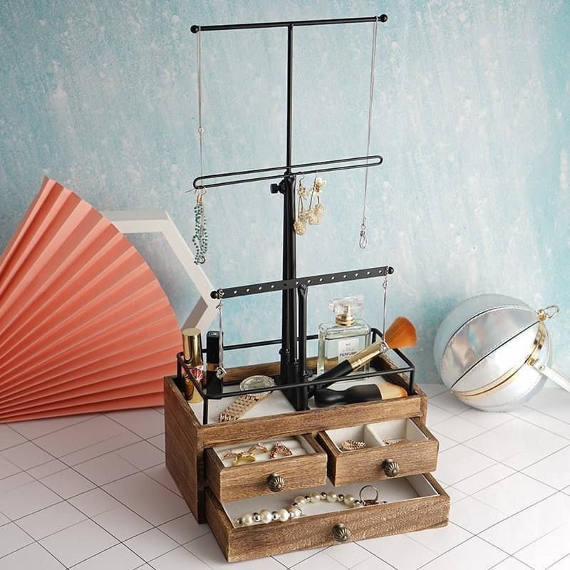 3 layer Wooden Metal Jewelry Box and Holder Stand Display for Necklaces Earrings Bracelets and Rings Carbonized Black Rack Etsy