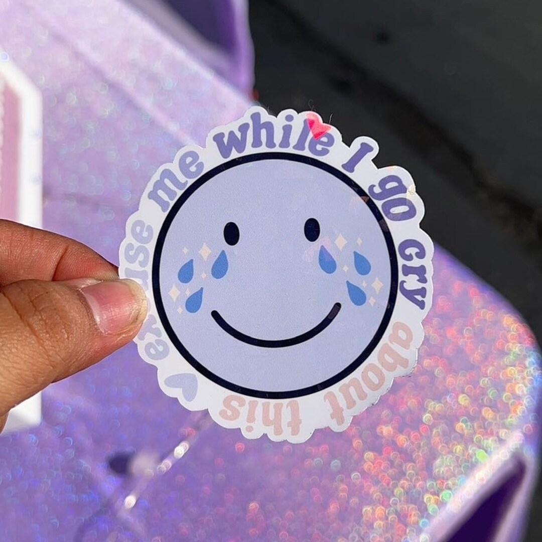 Holographic Crying Face Sticker | Purple Aesthetic Laptop Sticker ...