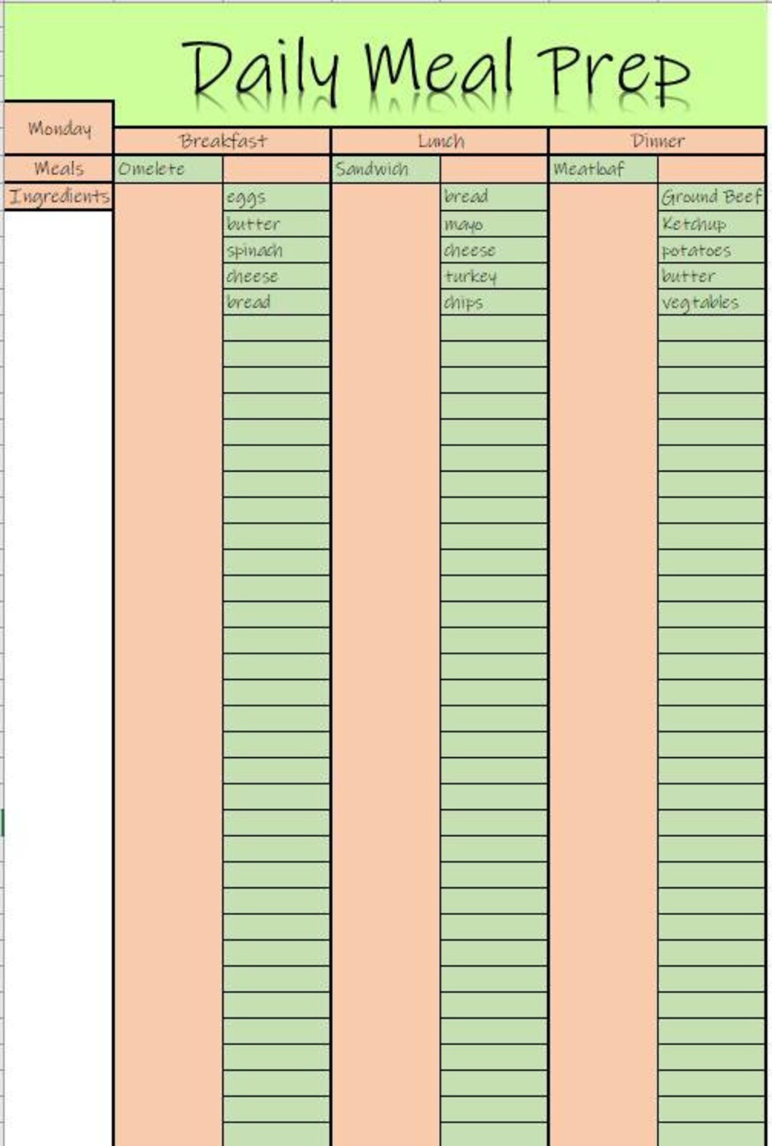 Daily Meal Prep & Grocery List Through Excel - Etsy