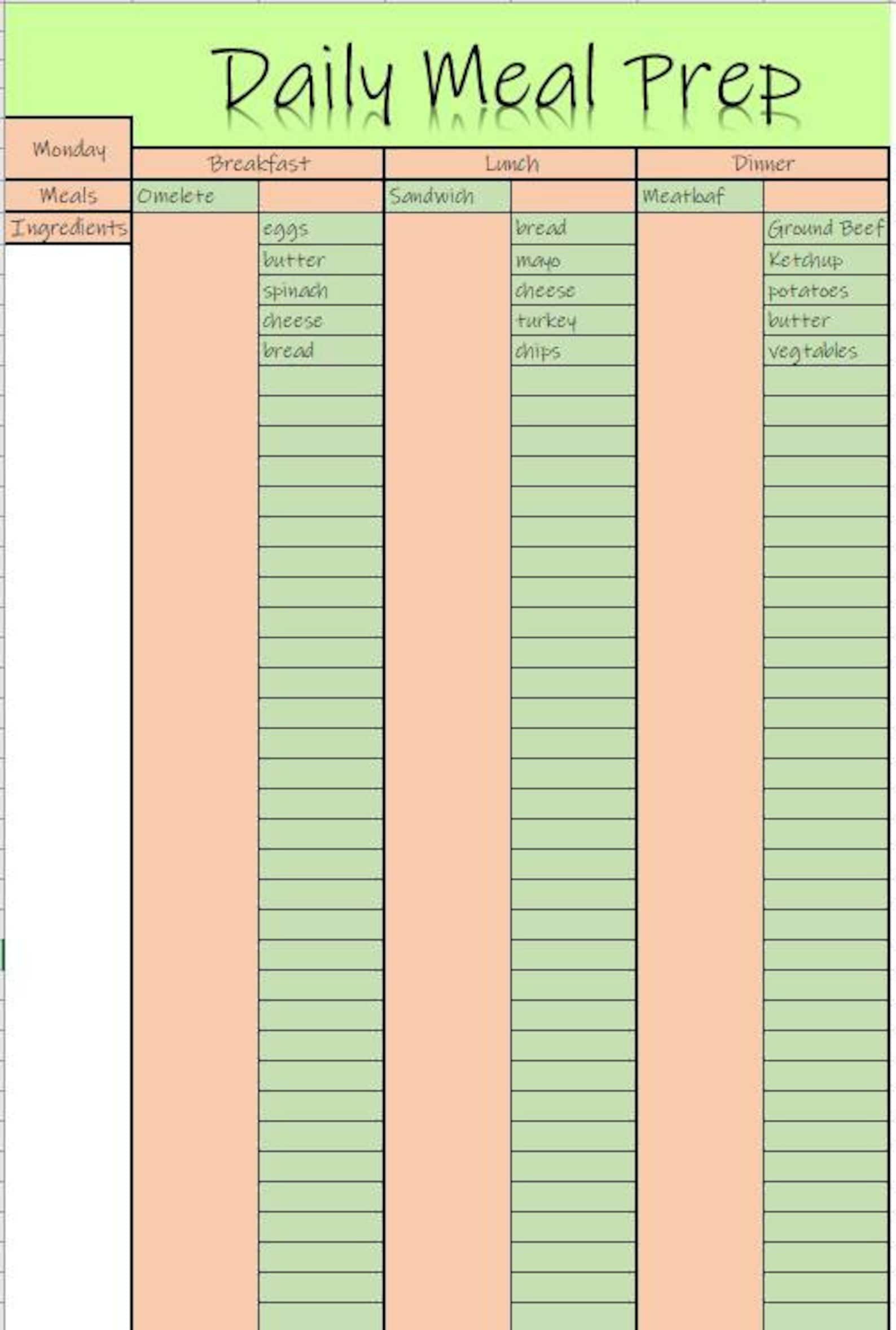 Daily Meal Prep & Grocery List Through Excel - Etsy