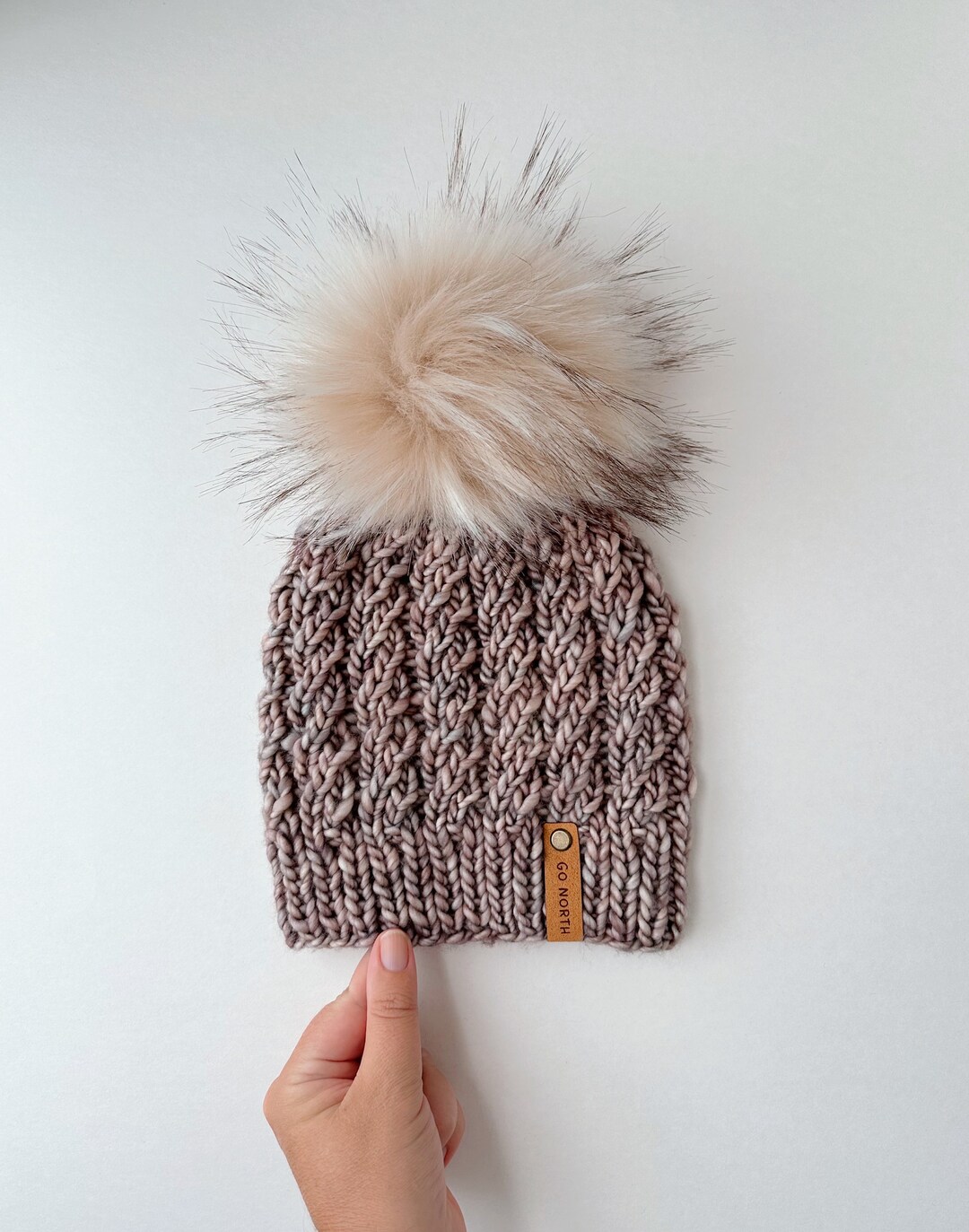 ADULT LUXURY Gray Merino Wool Knit Beanie With Cables and Faux Fur Pom ...
