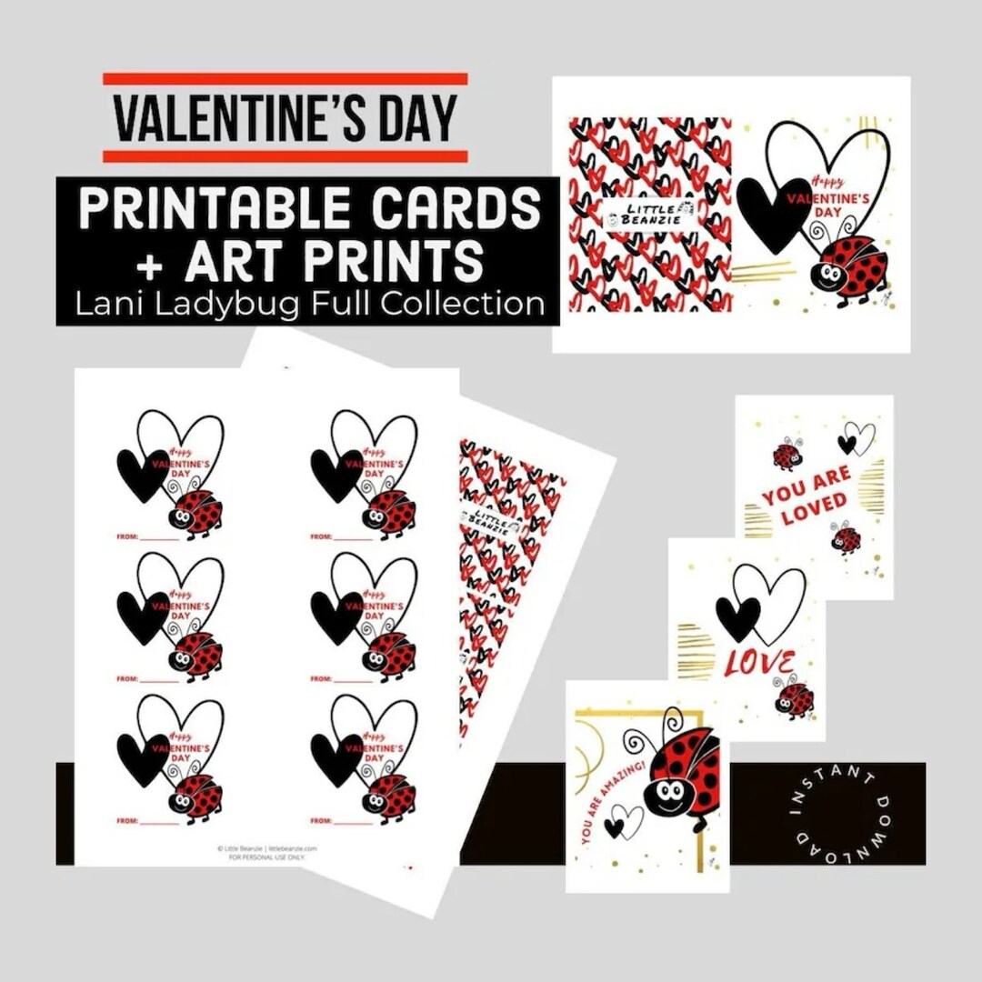 Ladybug Valentine's Day Cards & Art Prints - Classroom Bundle (digital ...