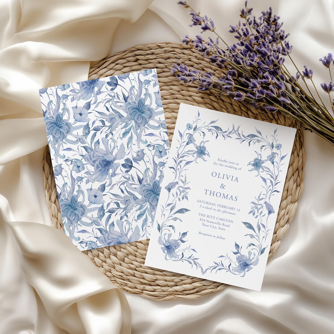 Navy Blue Floral Wedding Invitation, Garden Botanical Corjl Template ...