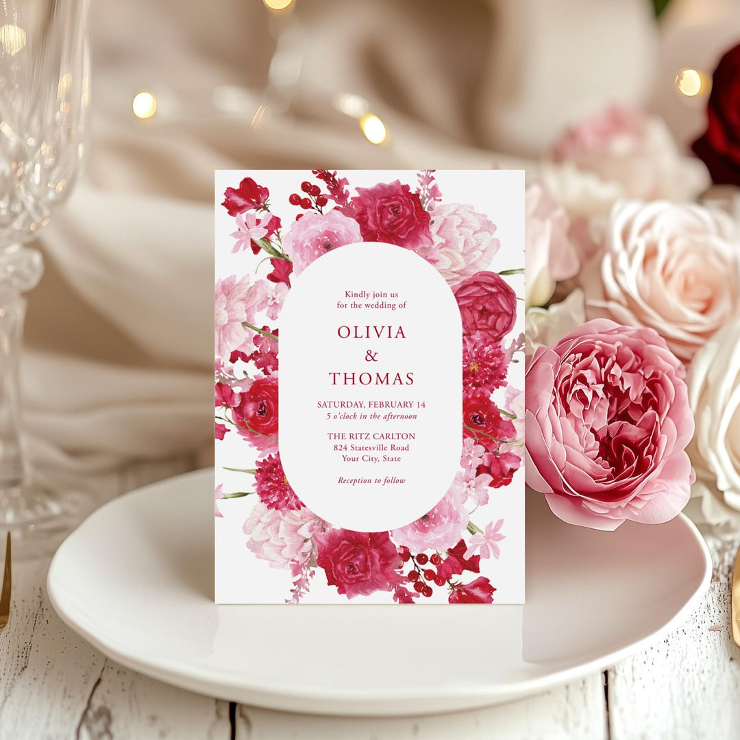Valentine Wedding Invitation Template, Red Pink Floral Wedding Invite ...