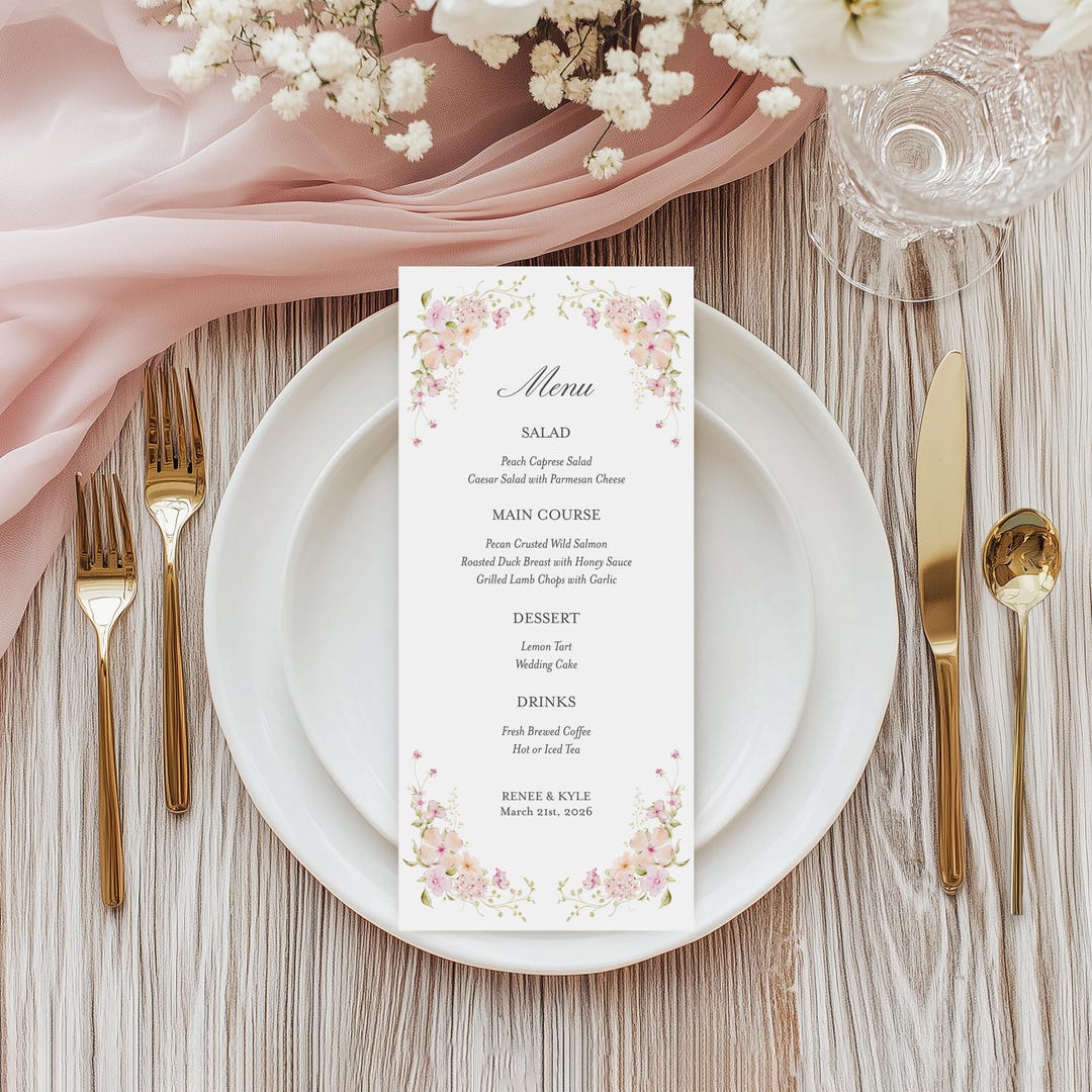 Blush Floral Wedding Menu Template, Elegant Pink Flower Card (editable ...