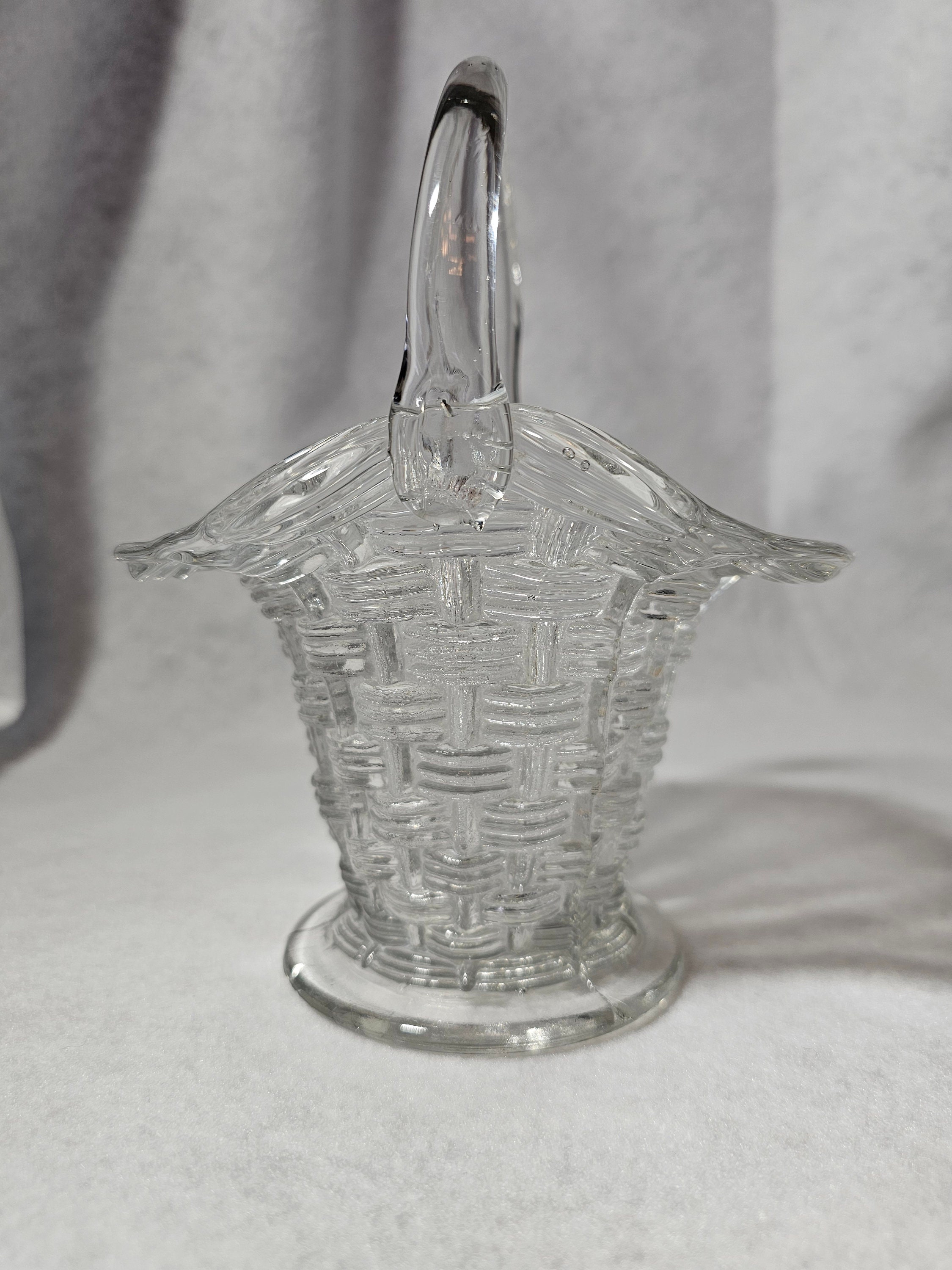 Vintage Clear Glass Basket With Handle and Woven Basket Design. 8x4x3 ...