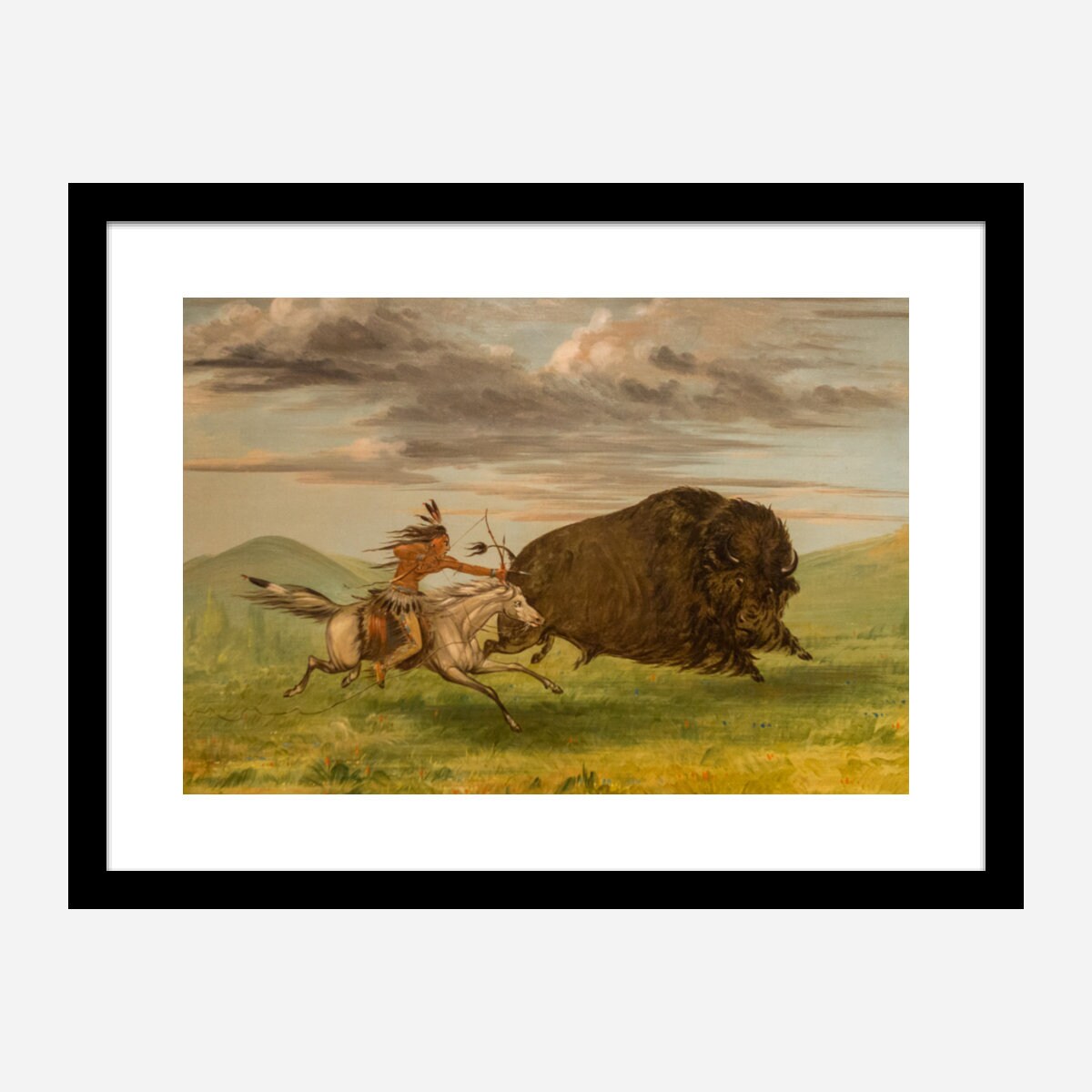 George Catlin Indian Killing Buffalo With Bow and Arrow Stretched ...