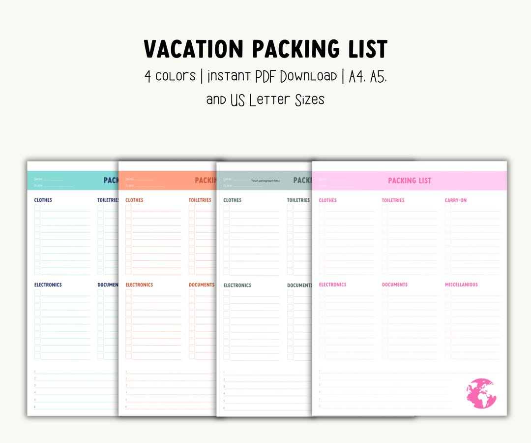 Vacation Packing List, PDF Instant Download, Packing List Download ...