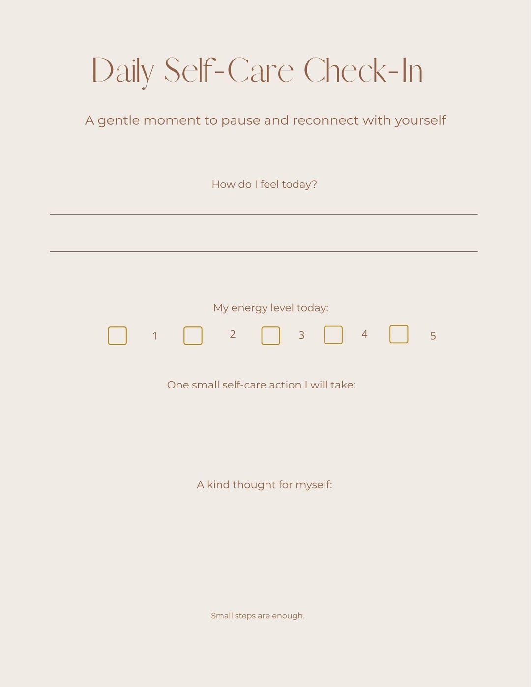 Daily Self Care Check-in Printable | Mindfulness Worksheet | Minimal ...