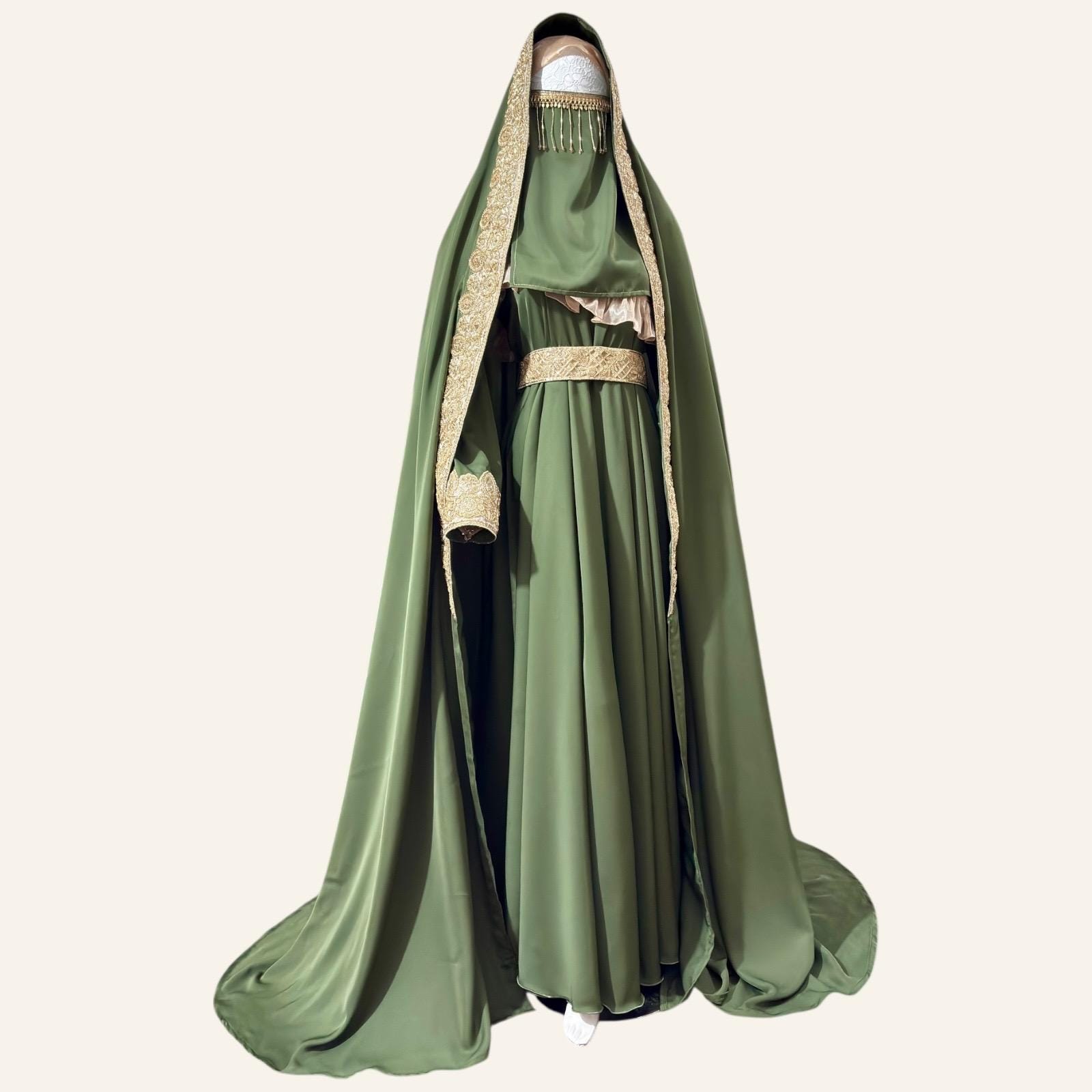 Complete Olive Green Nikah Chador Set – Overhead Front Open Embellished ...