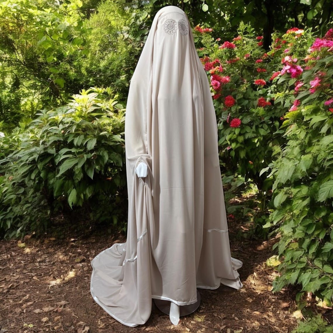 Beige Color Islamic Kashmiri Burqa With Floral Eyes Mesh, Arm Holes, No ...