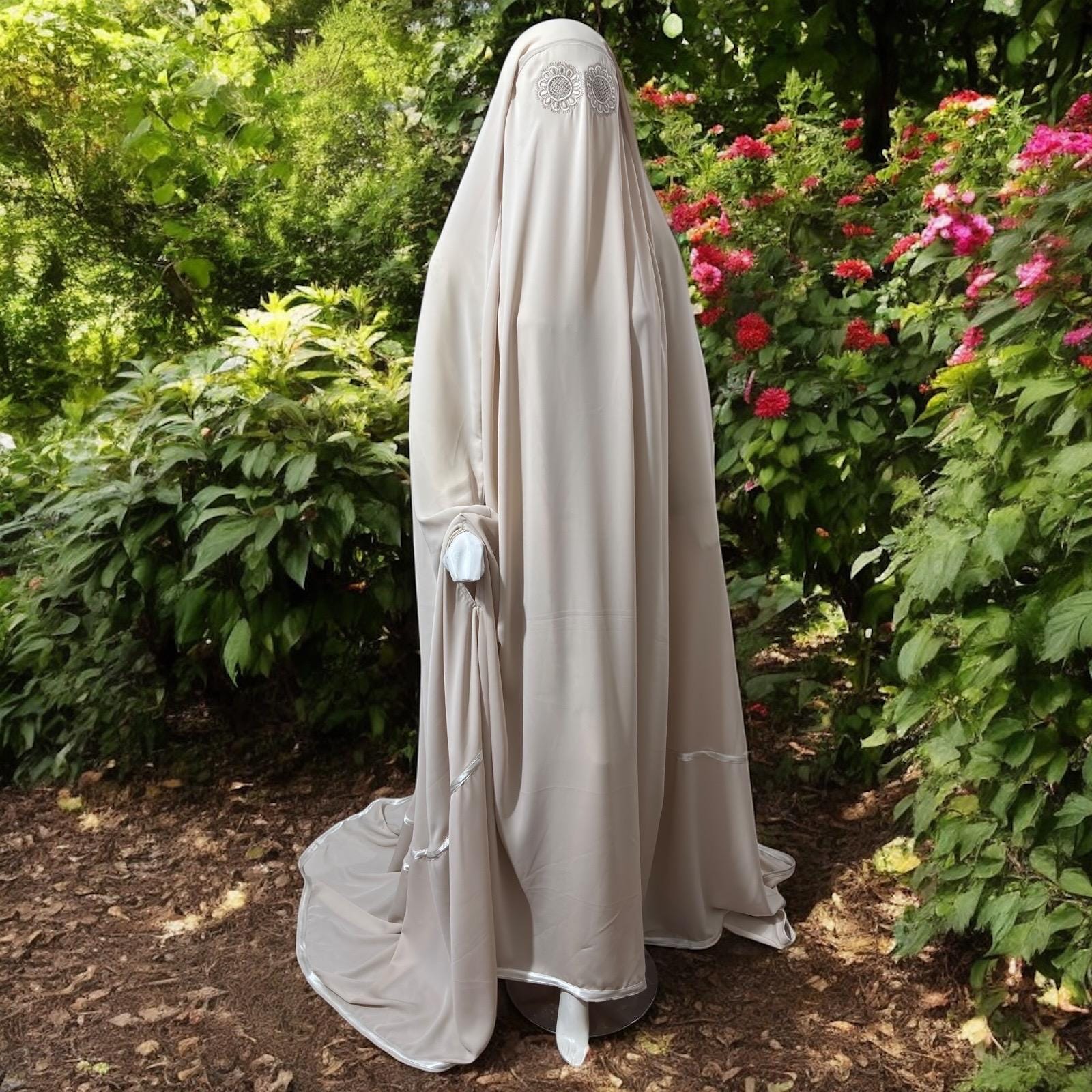 Beige Color Islamic Kashmiri Burqa With Floral Eyes Mesh, Arm Holes, No ...