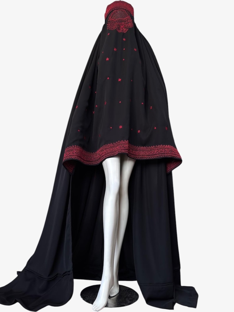 Black Afghan Topi Burqa With Red Embroidery, Nida Premium Fabric Chadri ...