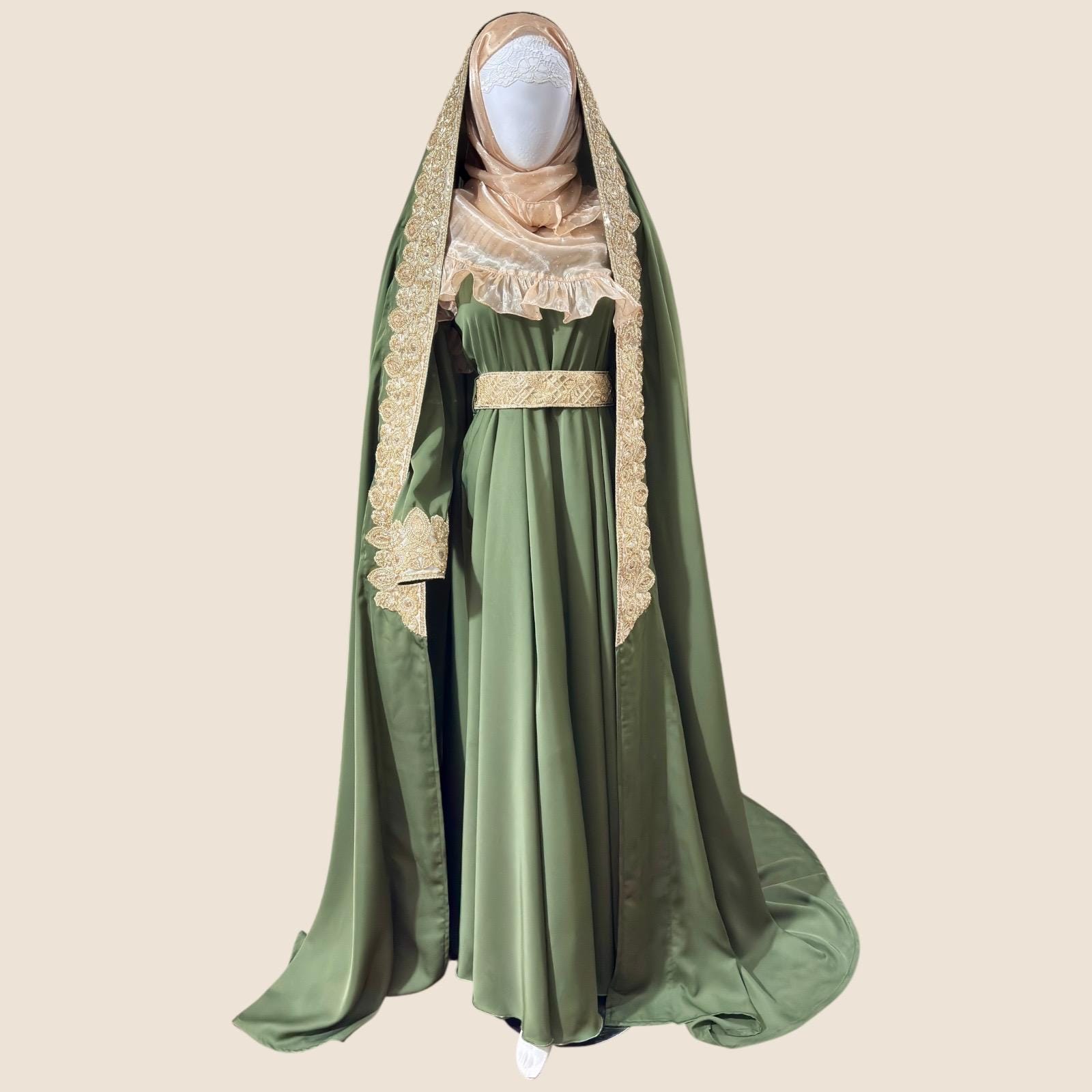Complete Olive Green Nikah Chador Set – Overhead Front Open Embellished ...