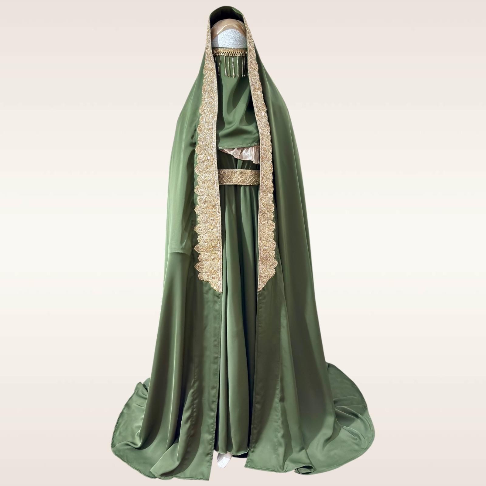 Complete Olive Green Nikah Chador Set – Overhead Front Open Embellished ...