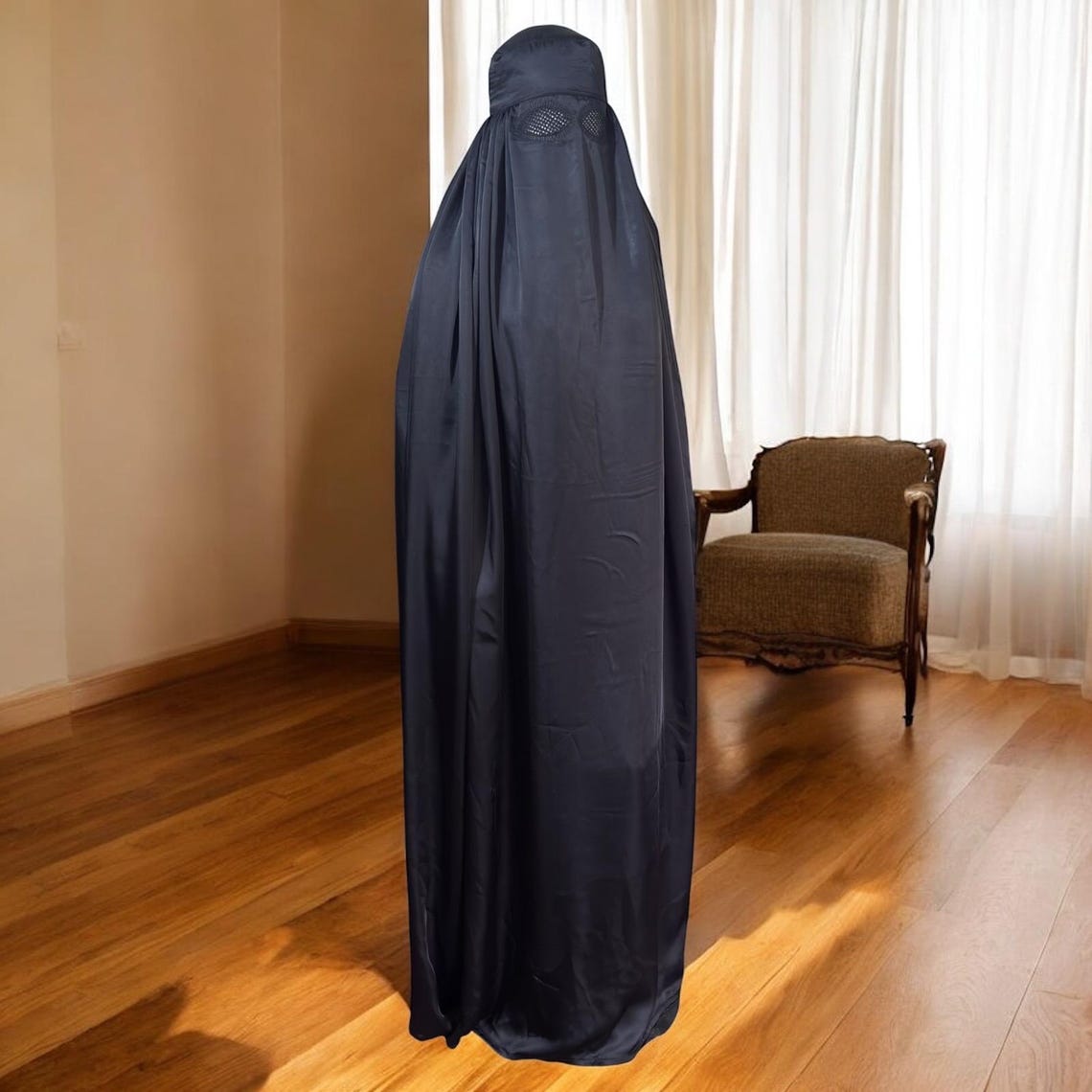Black Kashmiri Satin Silk Burqa: Sleeveless Topi Burka With Seperate ...