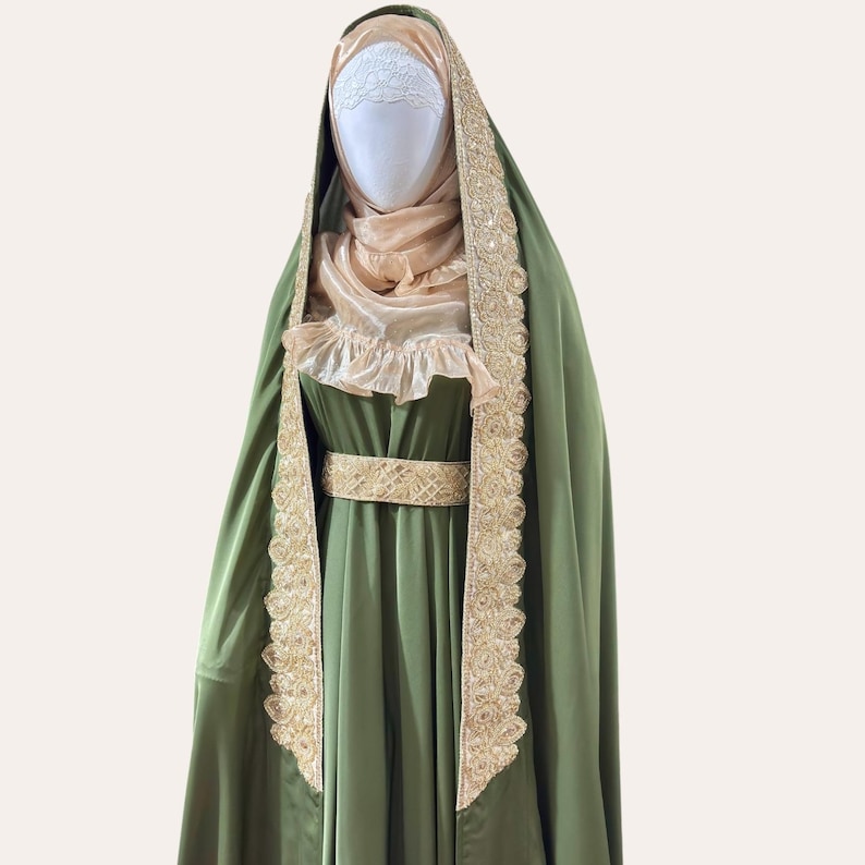Complete Olive Green Nikah Chador Set – Overhead Front Open Embellished ...