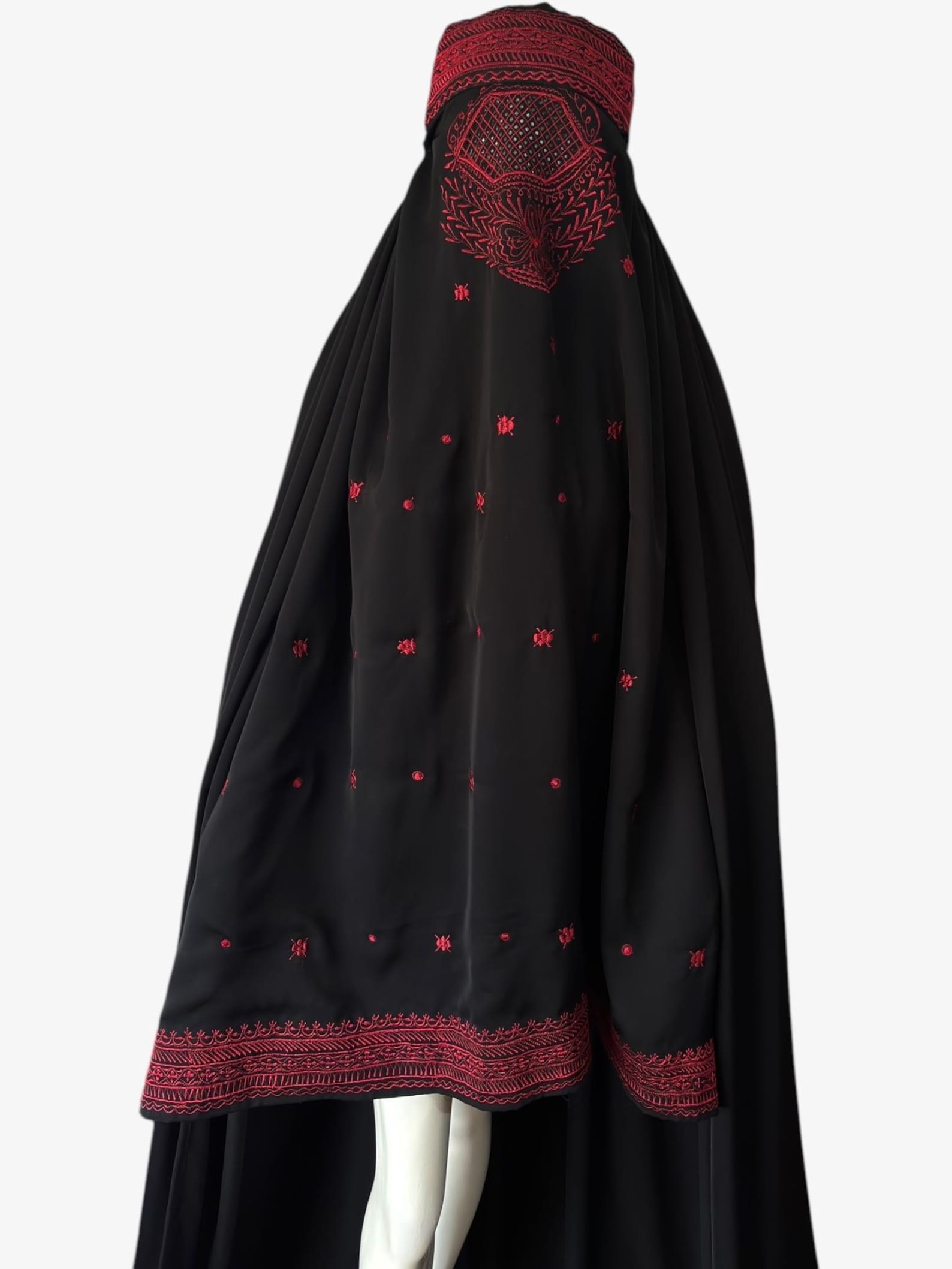 Black Afghan Topi Burqa With Red Embroidery: Nida Fabric Chadri Jilbab ...