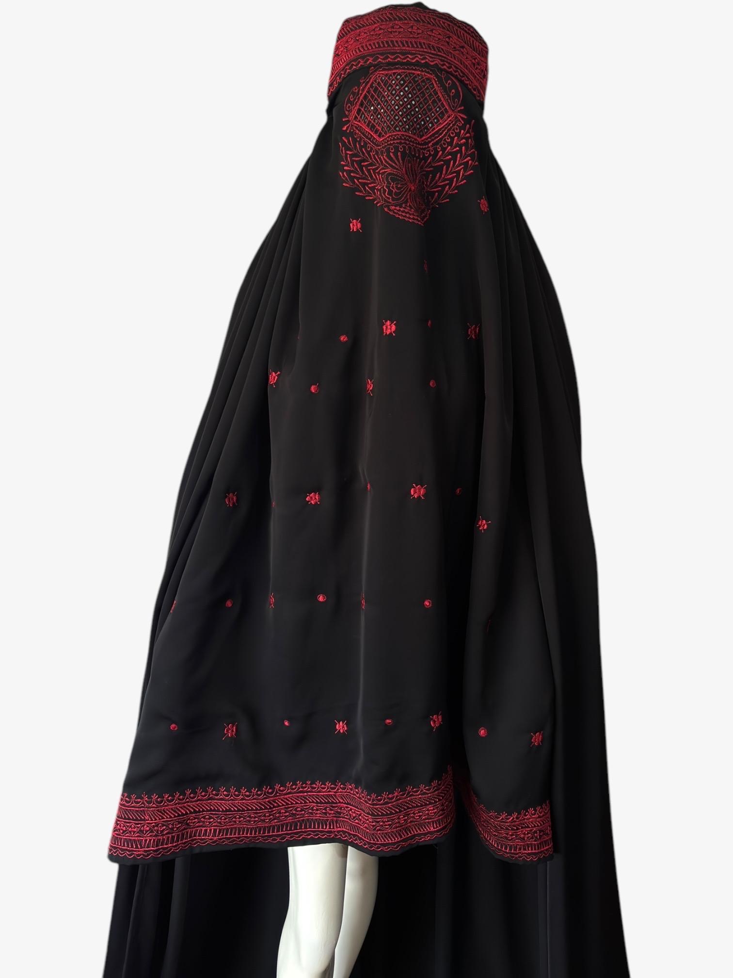 Black Afghan Topi Burqa With Red Embroidery: Nida Fabric Chadri Jilbab ...