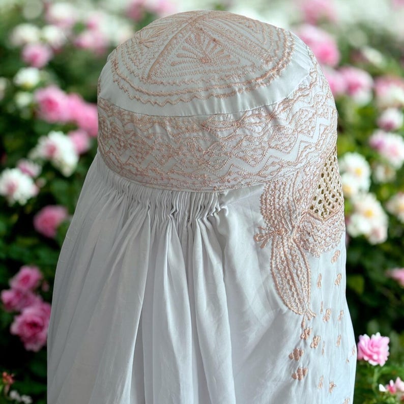 Afghan Topi Burqa, White Breathable Linen Chadri With Pink Embroidery ...