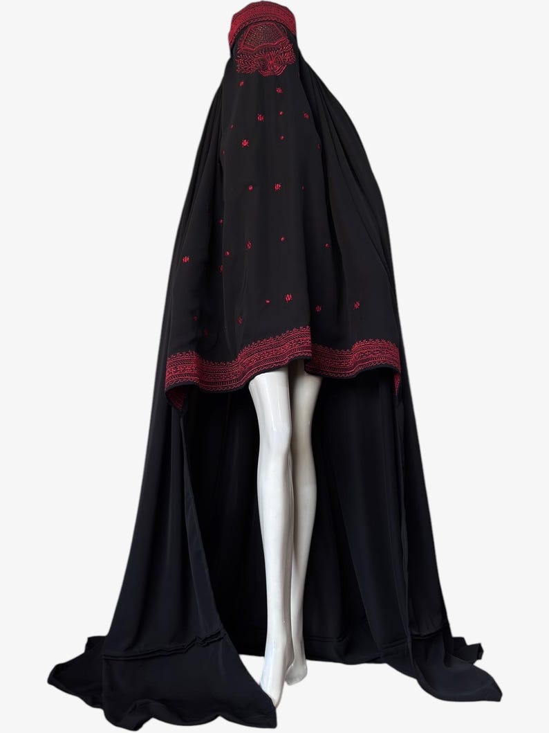 Black Afghan Topi Burqa With Red Embroidery, Nida Premium Fabric Chadri ...