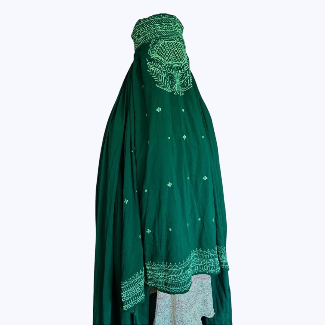 Afghan Topi Burqa, Dark Green Linen Chadri With Mint Embroidery, Cape ...