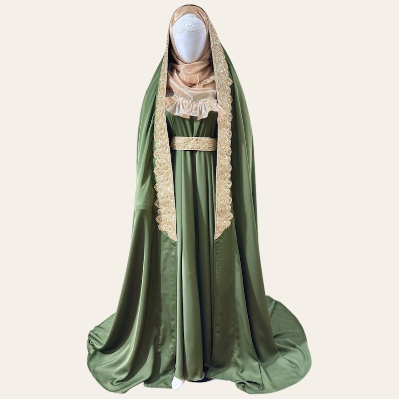 Complete Olive Green Nikah Chador Set – Overhead Front Open Embellished ...
