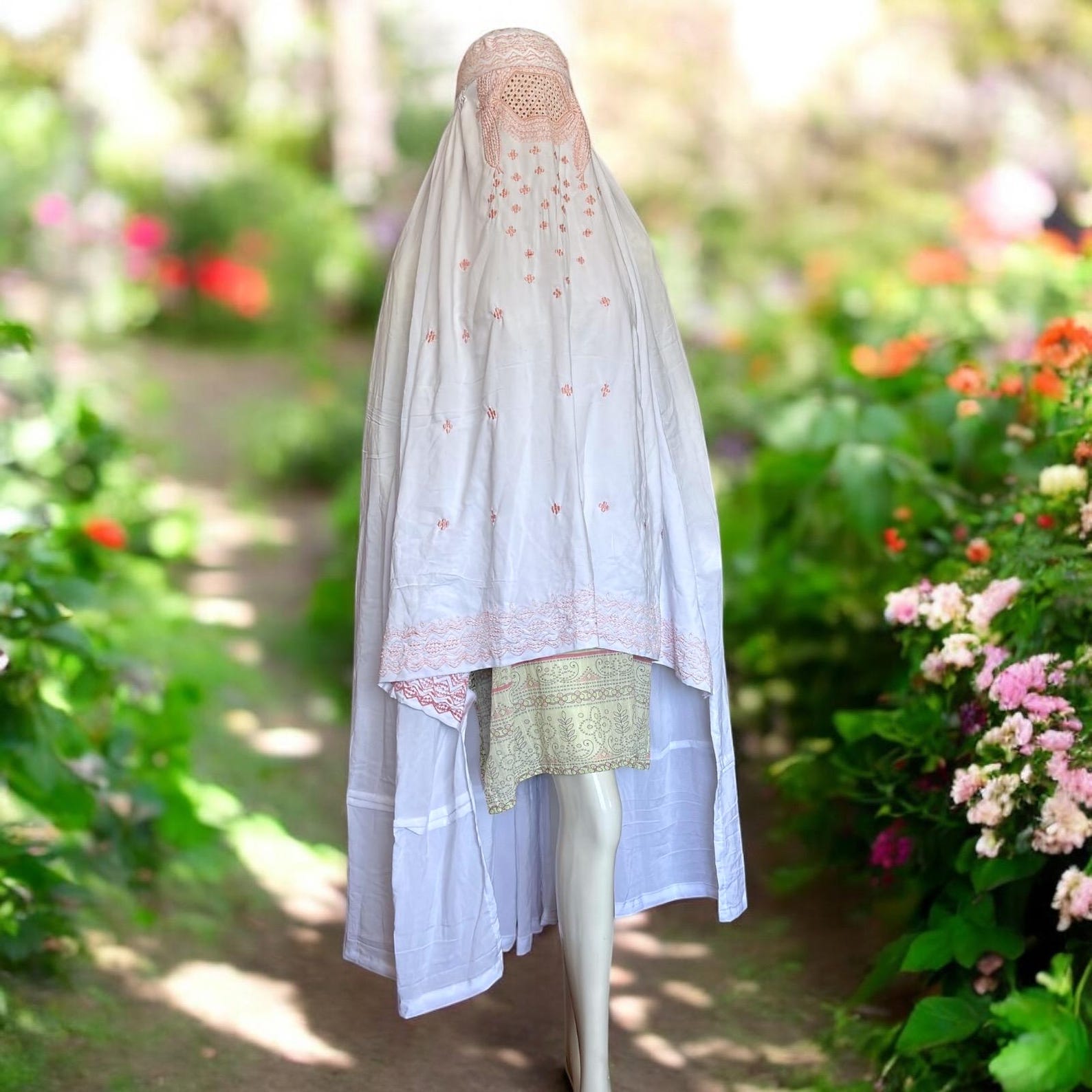 Afghan Topi Burqa, White Breathable Linen Chadri With Pink Embroidery ...