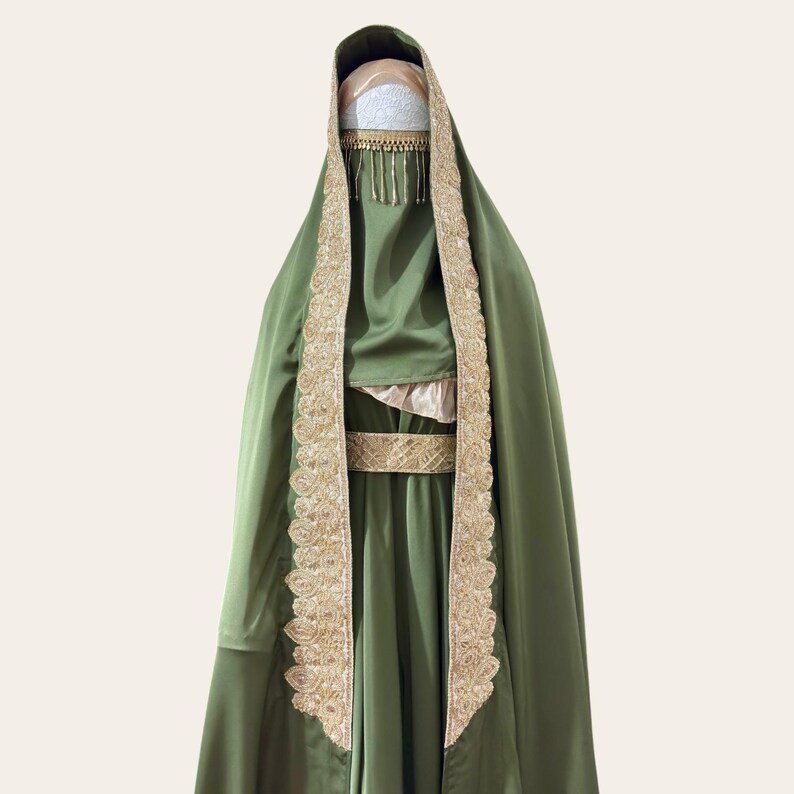 Complete Olive Green Nikah Chador Set – Overhead Front Open Embellished ...