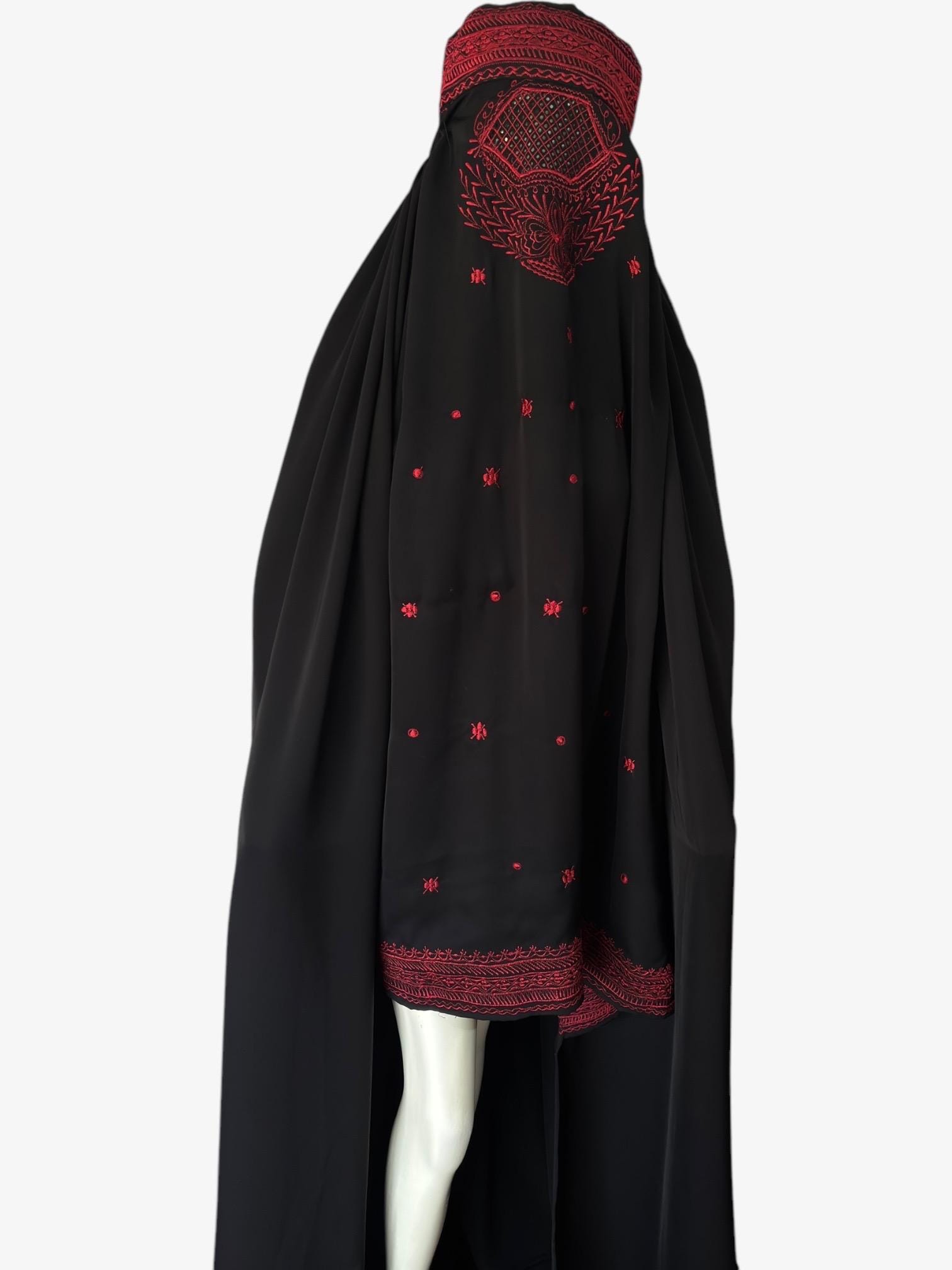 Black Afghan Topi Burqa With Red Embroidery: Nida Fabric Chadri Jilbab ...